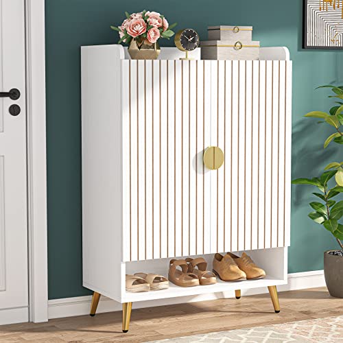 LITTLE TREE Shoe Cabinet, 24 Pair Shoe Cabinets with Doors & Adjustable Shelves, 7-Tier Modern Shoe Racks Storage Organizer for Entryway, Living Room, Bedroom, White + Gold
