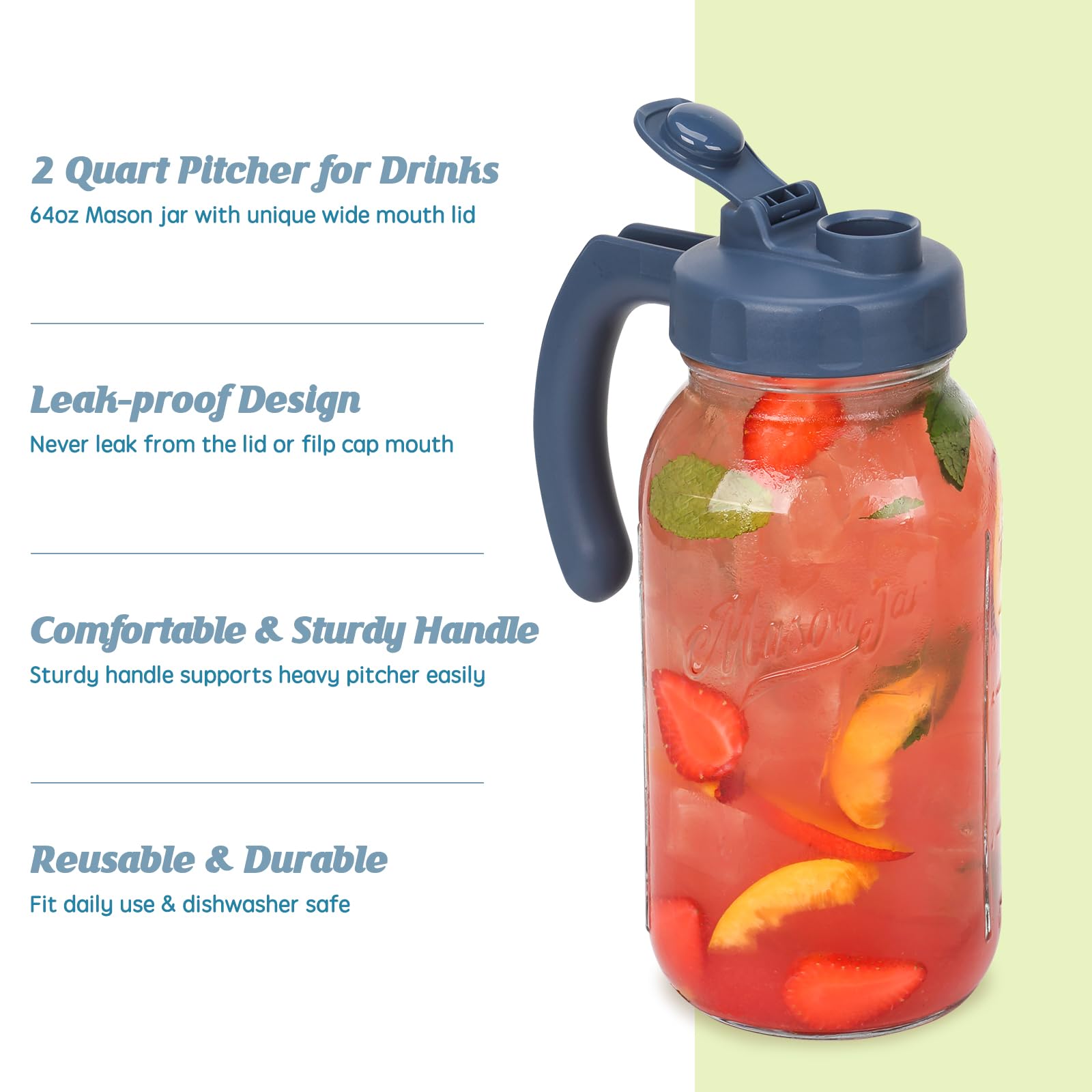 Soligt Glass Mason Jar Pitcher with Lid, Wide Mouth Flip Cap Pour Spout Leak-proof Lid with Handle, 64 oz (2 Quart / 1.9 Liter), for Sun Tea/Iced Tea/Juice/Cold Brew Coffee/Milk (1Pack, Hale Navy)
