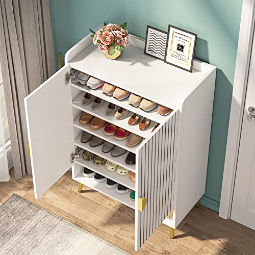 LITTLE TREE Shoe Cabinet, 24 Pair Shoe Cabinets with Doors & Adjustable Shelves, 7-Tier Modern Shoe Racks Storage Organizer for Entryway, Living Room, Bedroom, White + Gold