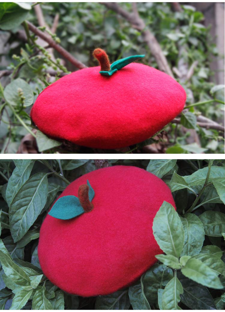 Handmade Cute Red Apple Beret Vintage Artist Painter Hat Women Wool Cap Warm Winter Love Gift
