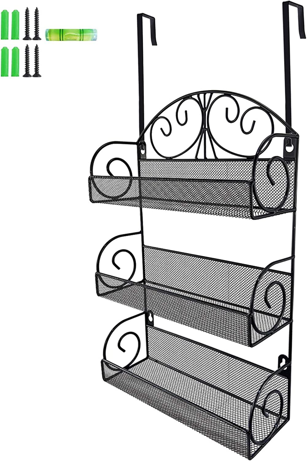 Giftgarden 3 Tier Over The Door Spice Rack, Wall Mount Hanging Spice Organizer for Cabinet Pantry Kitchen, Black