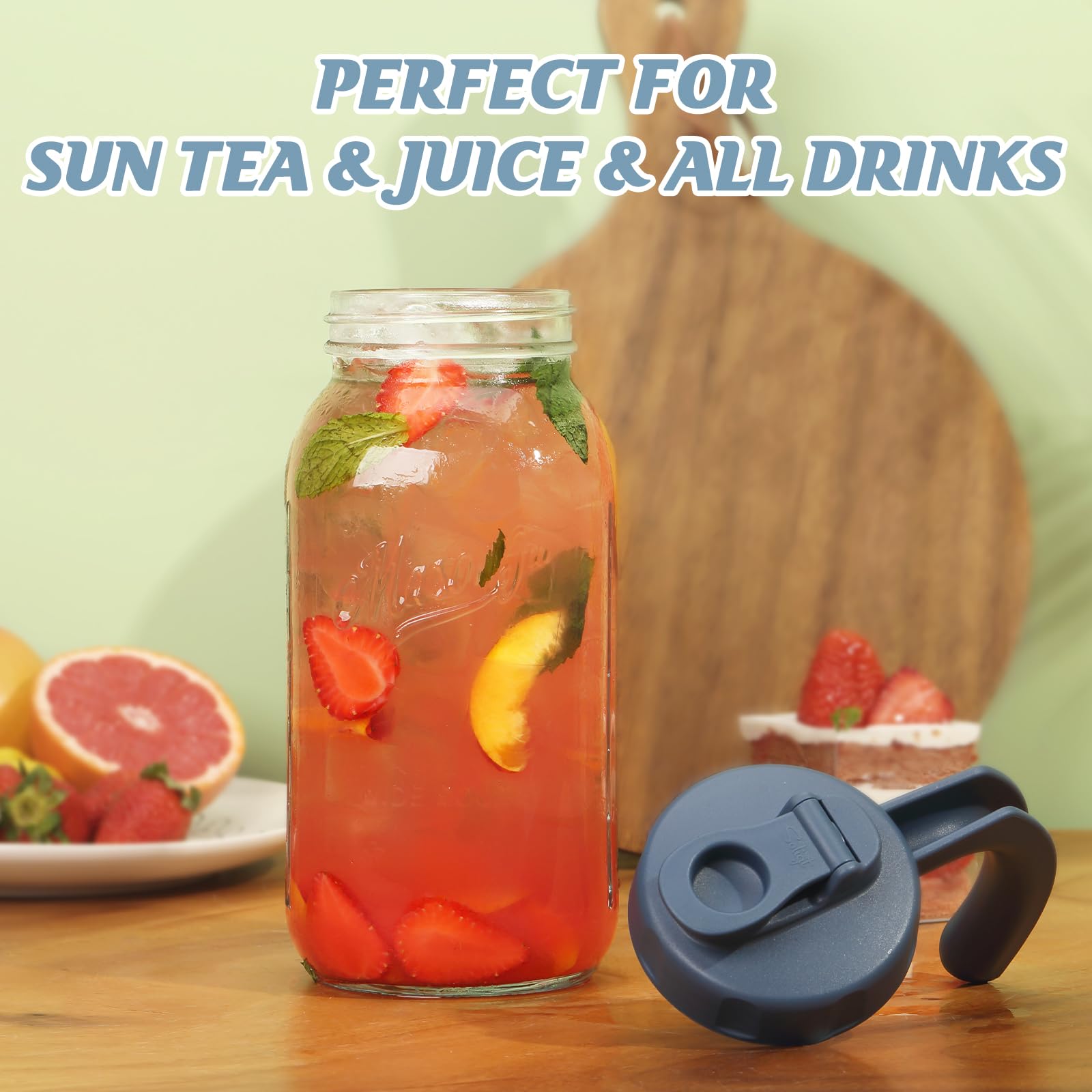 Soligt Glass Mason Jar Pitcher with Lid, Wide Mouth Flip Cap Pour Spout Leak-proof Lid with Handle, 64 oz (2 Quart / 1.9 Liter), for Sun Tea/Iced Tea/Juice/Cold Brew Coffee/Milk (1Pack, Hale Navy)