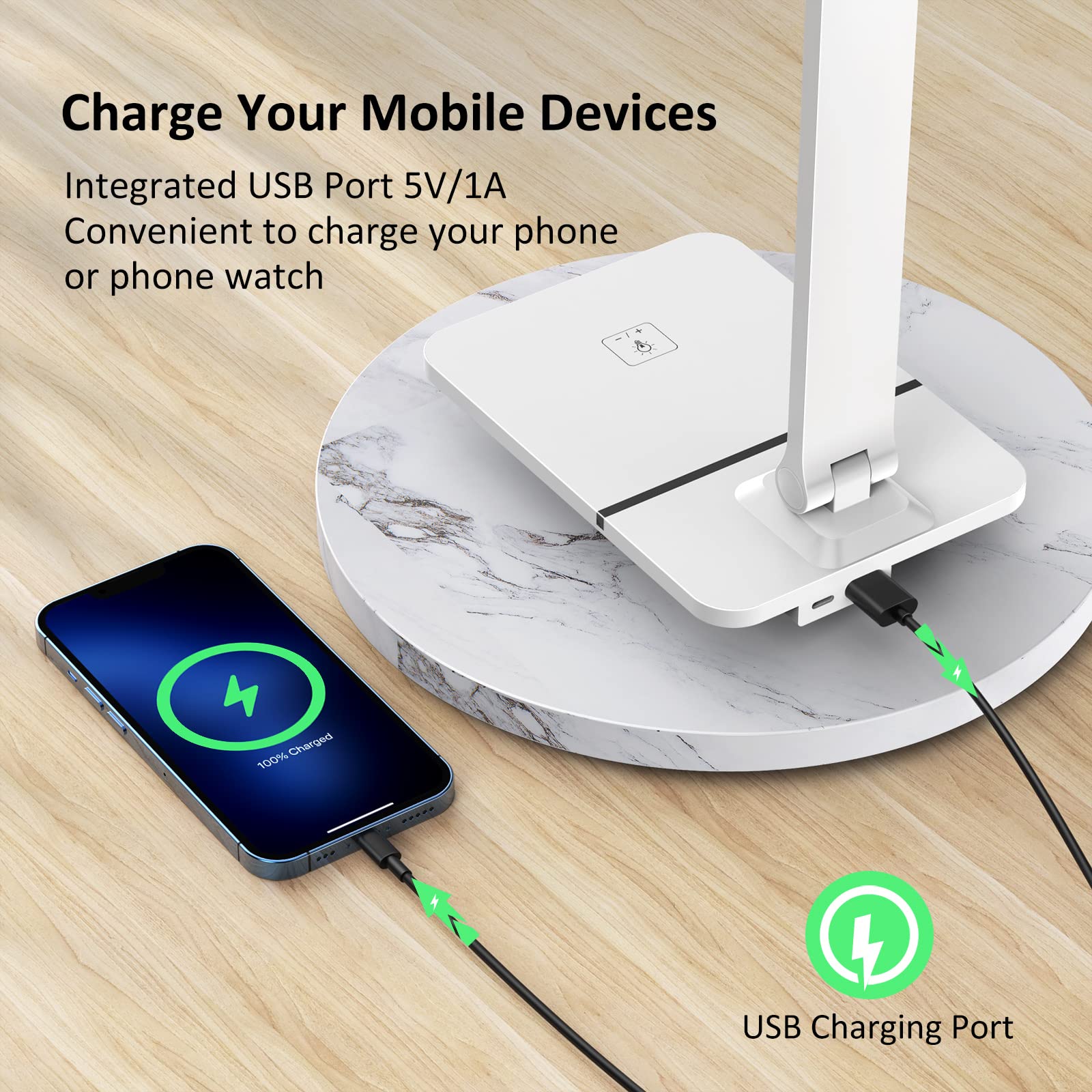 Desk Lamp with USB Charging Port , Folding Desk Light with 3 Color Modes Stepless Dimming, Eye-Caring LED Desk Lamps, Multifunction Table Lamp Touch Control Desk Lamps for Home Office(White+Black)