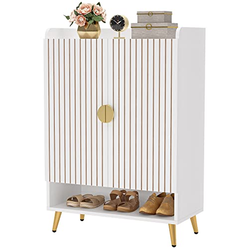 LITTLE TREE Shoe Cabinet, 24 Pair Shoe Cabinets with Doors & Adjustable Shelves, 7-Tier Modern Shoe Racks Storage Organizer for Entryway, Living Room, Bedroom, White + Gold