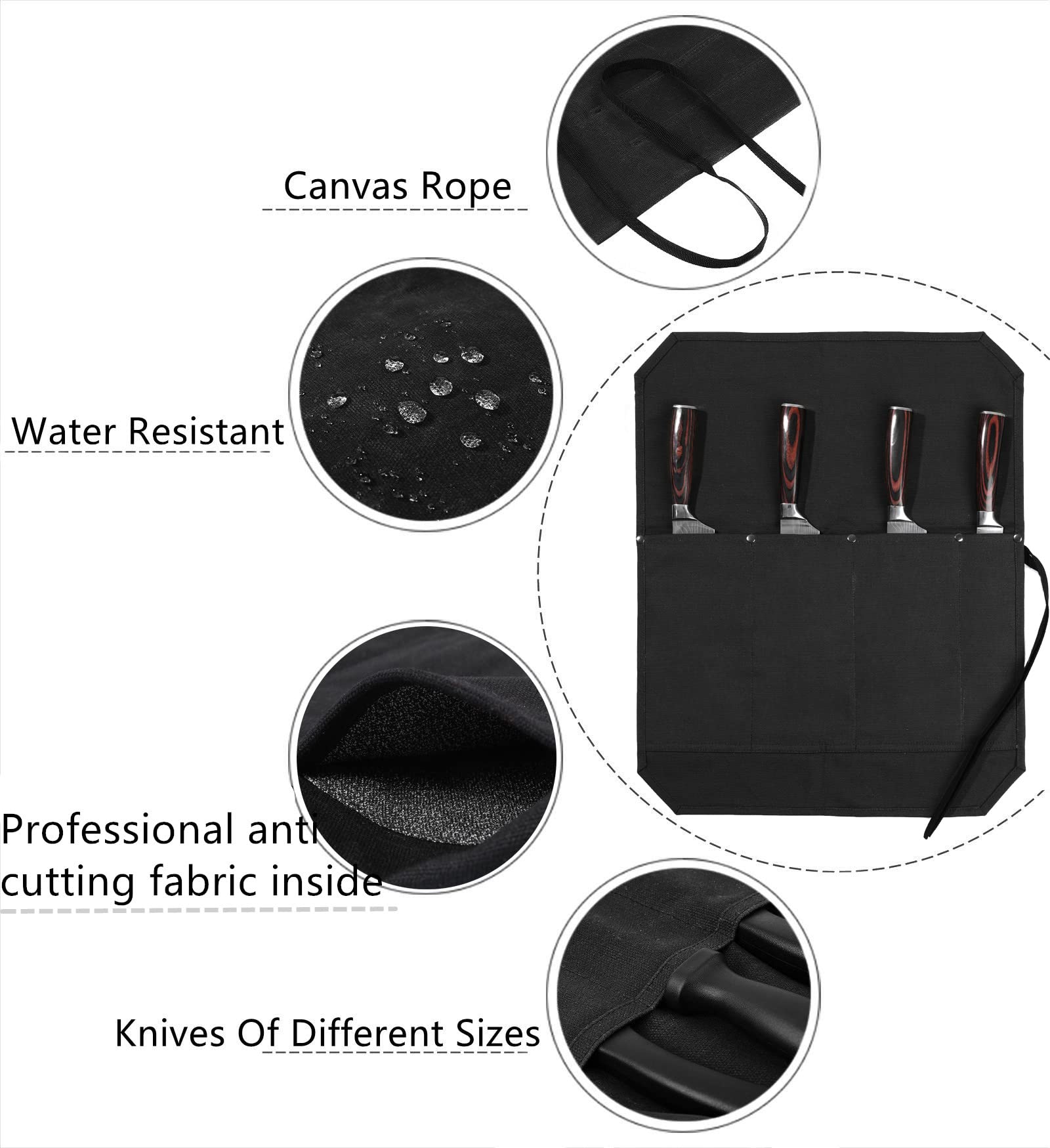 Chef's Knife Roll Bag With 4 Slots, Knife Roll Heavy Duty 16oz Waxed Canvas Knife Case Professional Anti Cutting Fabric Inside