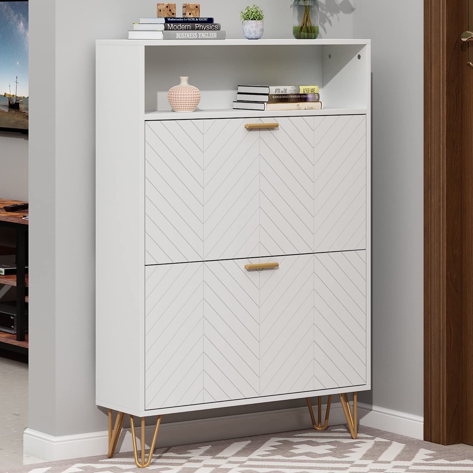 Auromie Shoe Cabinet, Freestanding Tipping Bucket Shoe Storage Cabinet with 2 Flip Drawers, Modern Entryway Shoe Rack with Storage Top Cubby, Narrow Slim Hidden Shoe Organizer with Doors (White)