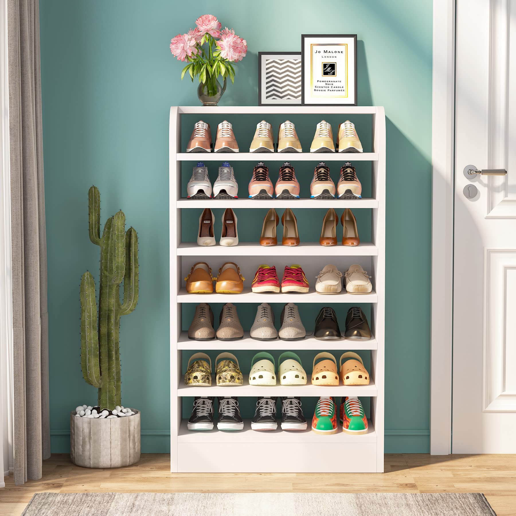 Tribesigns Shoe Rack, 8-Tier Tall Shoe Shelf, Wooden Shoe Storage Cabinet, White