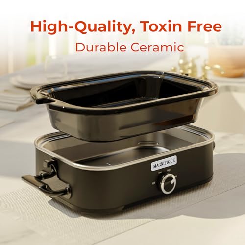 [NEW] MAGNIFIQUE 4-Quart Slow Cooker with Casserole Manual Warm Setting - Perfect Kitchen Small Appliance for Family Dinners, Dishwasher Safe Crock, Black