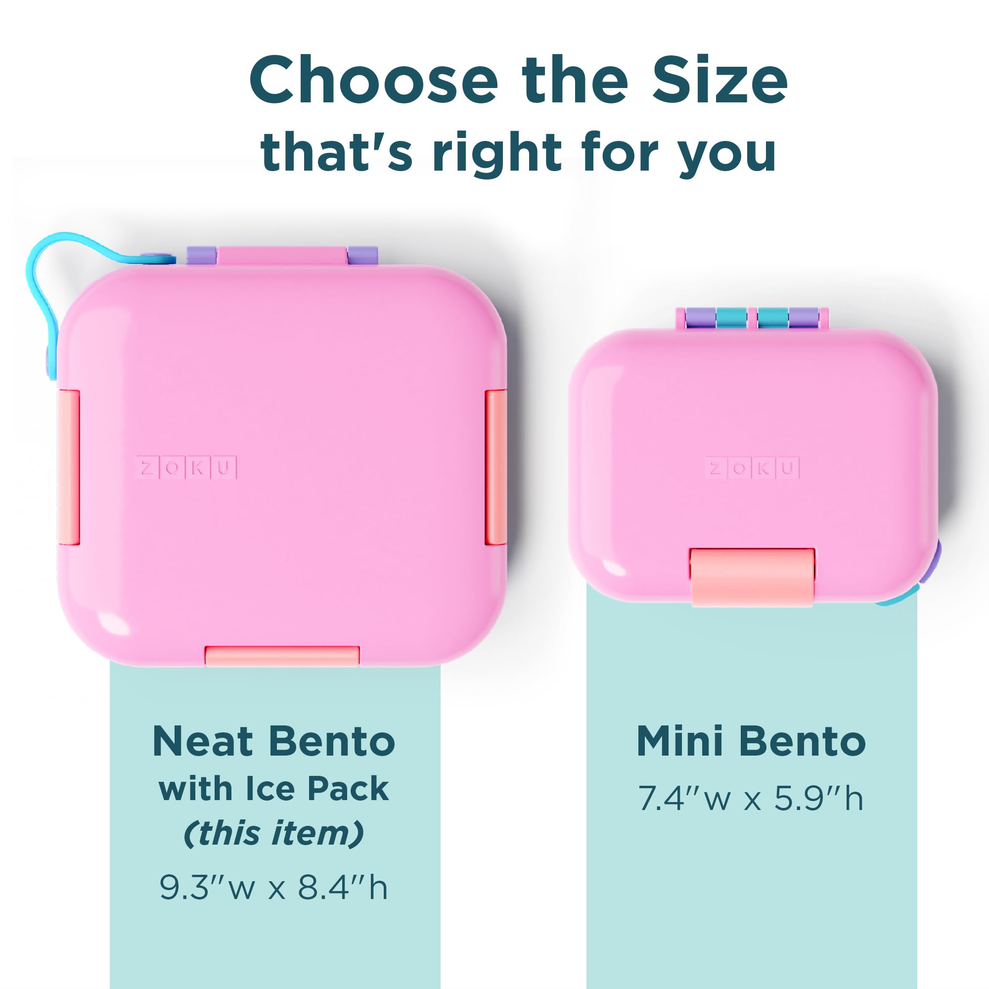 ZOKU - Bento Box with Ice Pack, Lunch Box for Kids, Easy to Carry and Clean, Freezer Pack Keeps Food Fresh, Fits Any Snack or Meal, Leakproof (Neat Bento) (Pink)