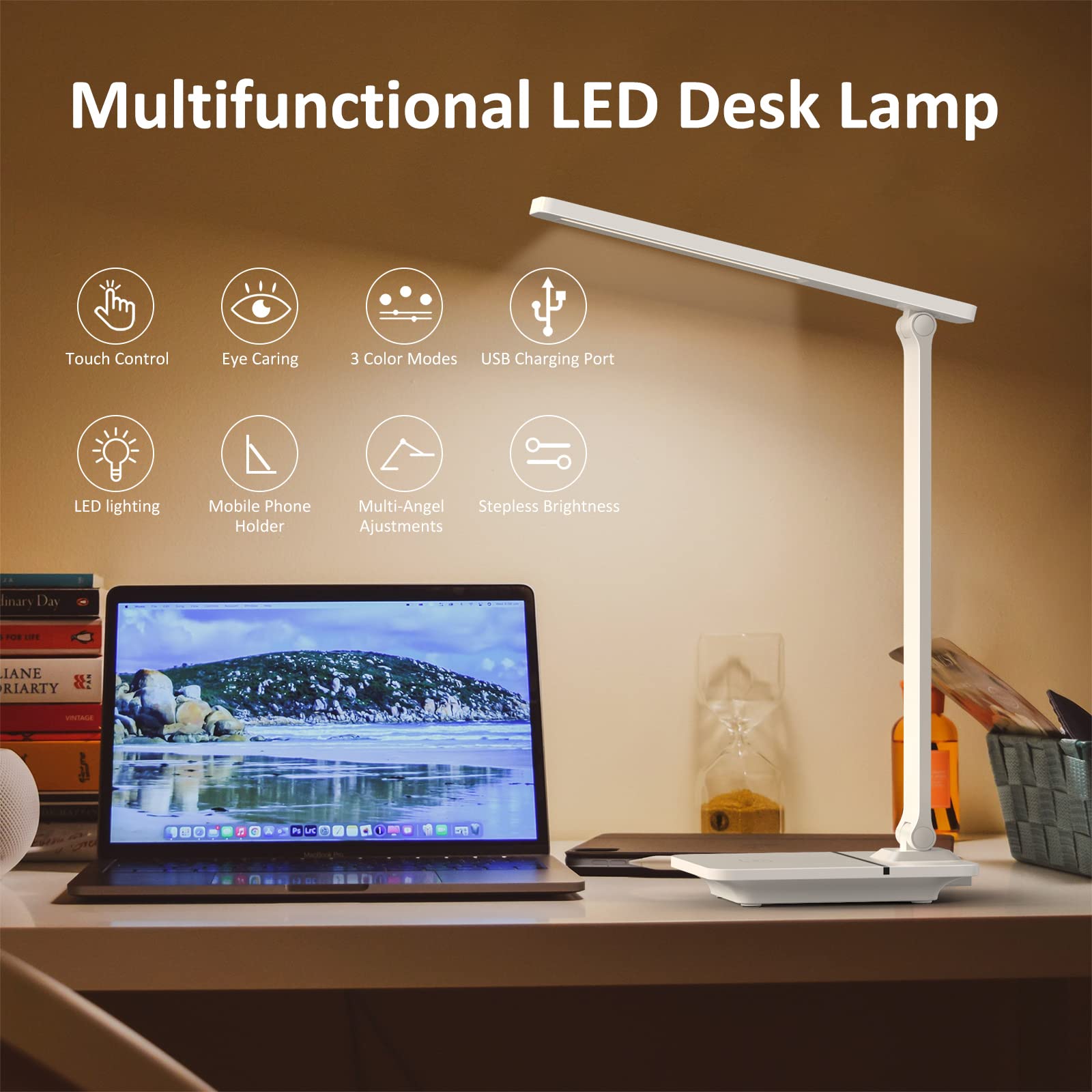 Desk Lamp with USB Charging Port , Folding Desk Light with 3 Color Modes Stepless Dimming, Eye-Caring LED Desk Lamps, Multifunction Table Lamp Touch Control Desk Lamps for Home Office(White+Black)