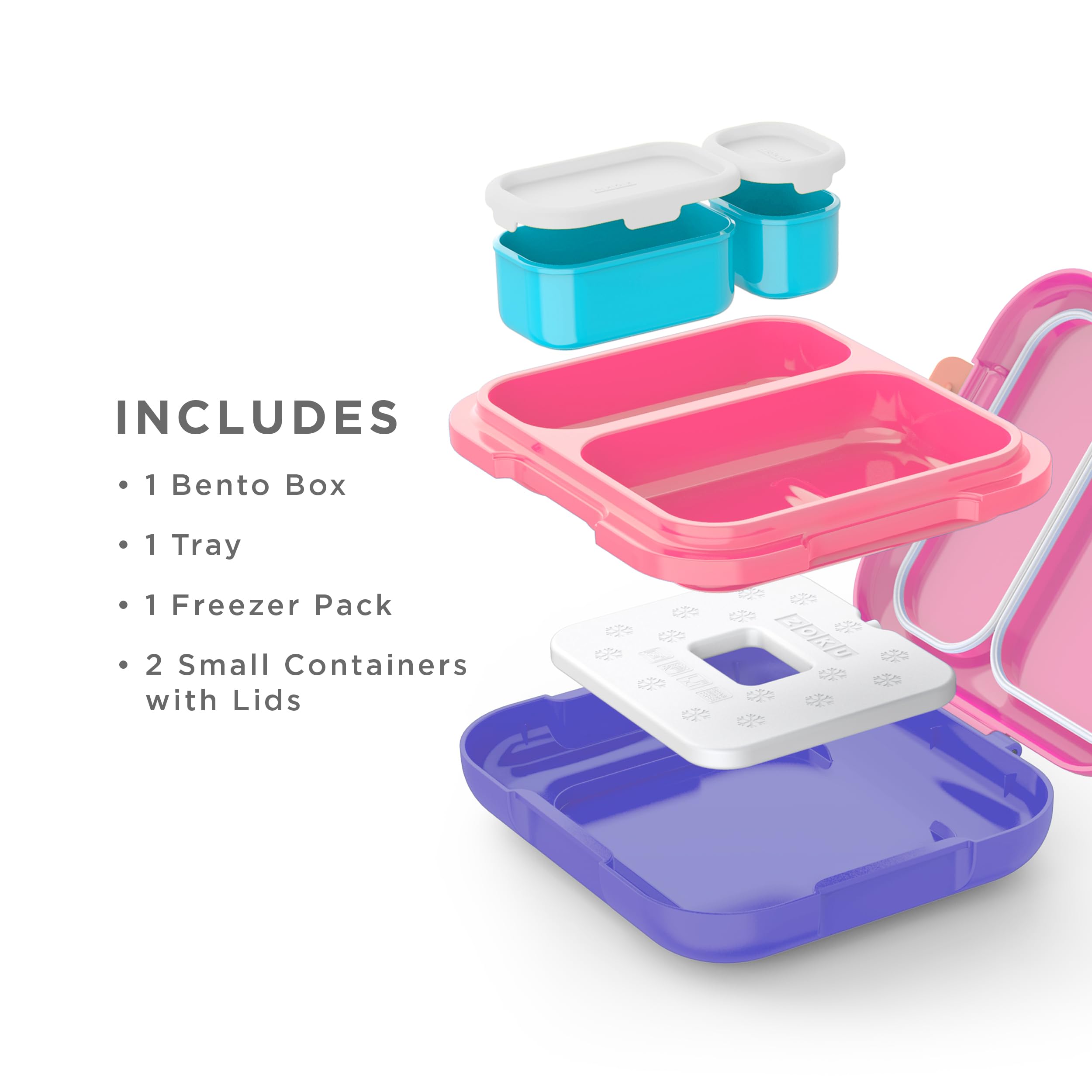 ZOKU - Bento Box with Ice Pack, Lunch Box for Kids, Easy to Carry and Clean, Freezer Pack Keeps Food Fresh, Fits Any Snack or Meal, Leakproof (Neat Bento) (Pink)