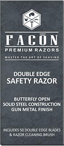 50 BLADES + Facón Classic Long Handle Double Edge Safety Razor - Platinum Japanese Stainless Steel Blades - Butterfly Open Shaving Razor for Smooth Wet Shaving Experience - 200+ Shaves