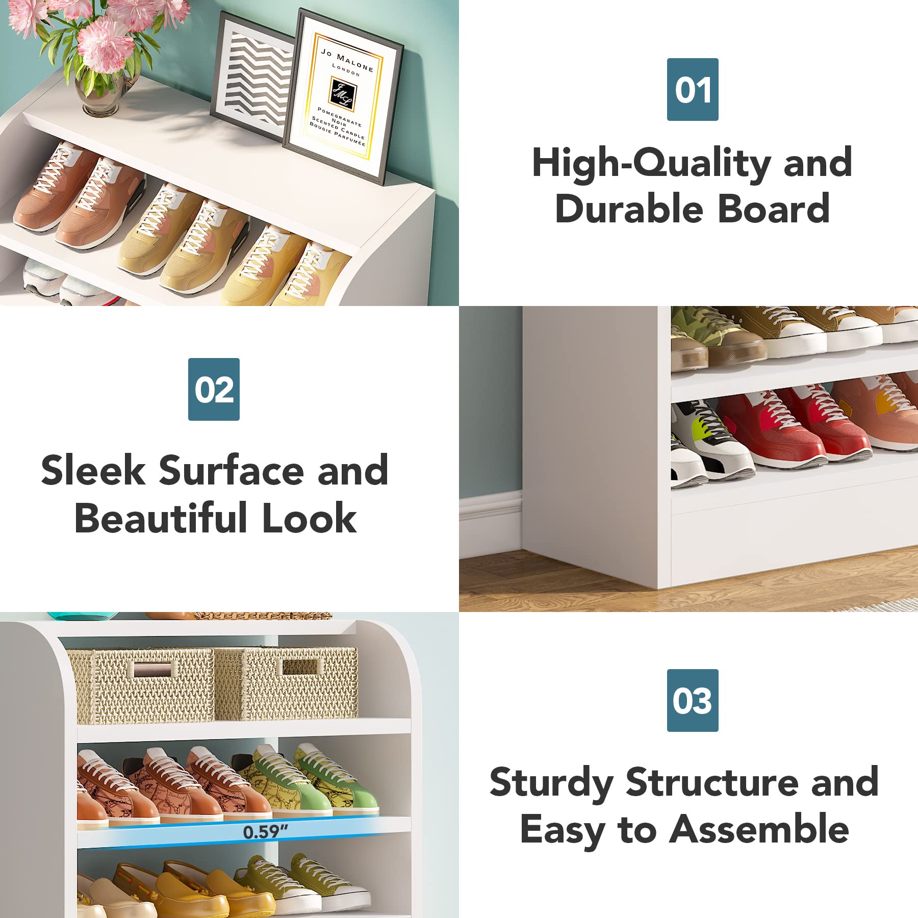 Tribesigns Shoe Rack, 8-Tier Tall Shoe Shelf, Wooden Shoe Storage Cabinet, White