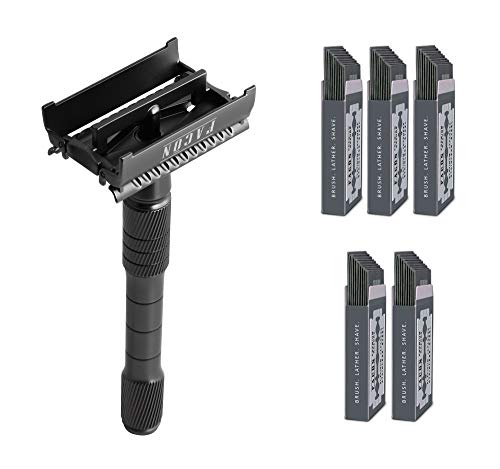 50 BLADES + Facón Classic Long Handle Double Edge Safety Razor - Platinum Japanese Stainless Steel Blades - Butterfly Open Shaving Razor for Smooth Wet Shaving Experience - 200+ Shaves