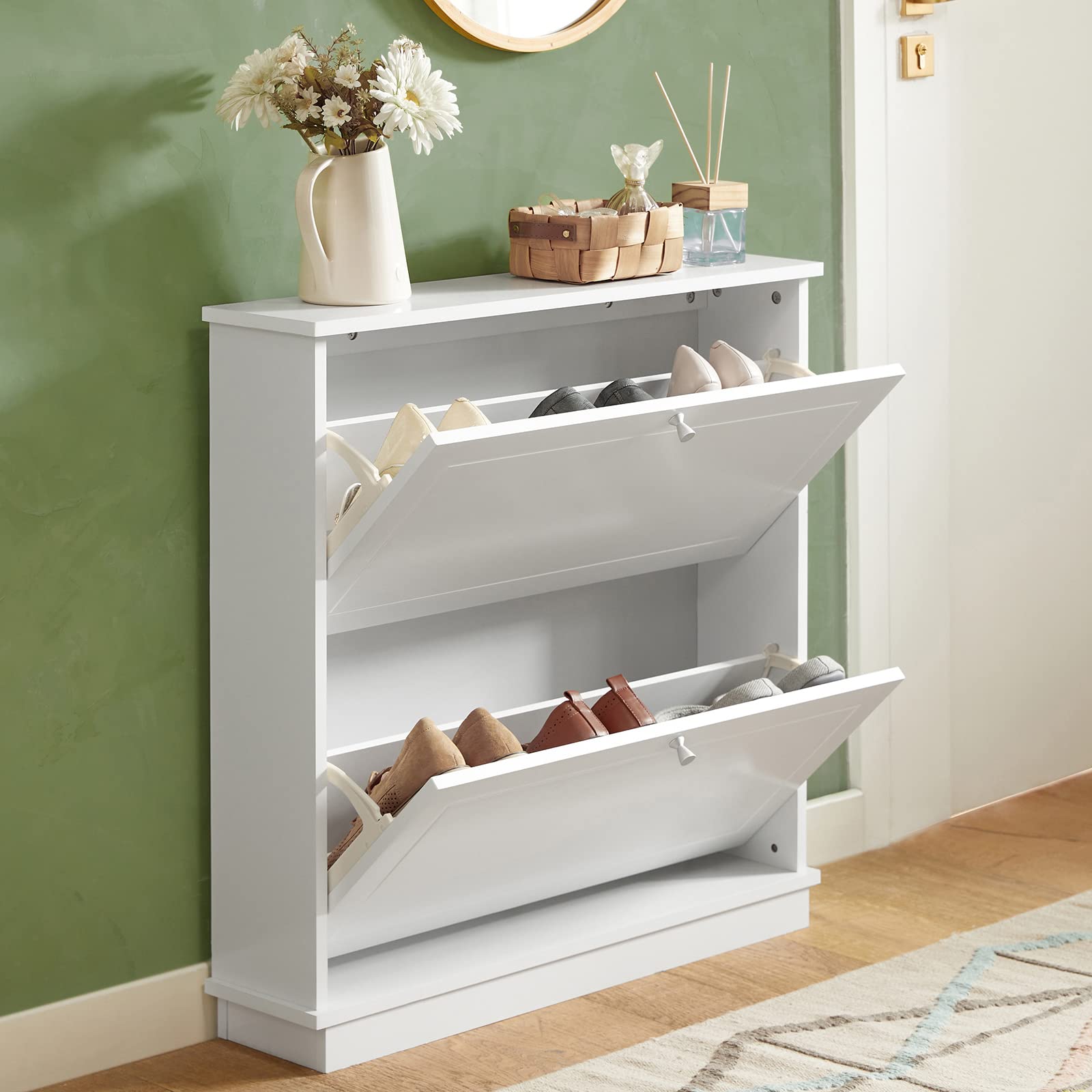 Haotian Shoe Cabinet with 2 Flip-Drawers, Freestanding Shoe Rack, Narrow Shoe Organiazer, Freestanding Shoe Rack, White, FSR99-W, 7.1" D x 29.9" W x 30.7" H, FSR99-W