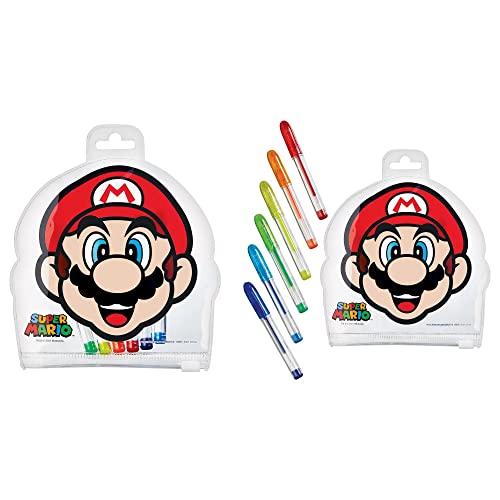Super Mario Brothers Diecut Pouch With Gel Pens - 5" x 5 3/10" | Multicolor | 6 Pcs.