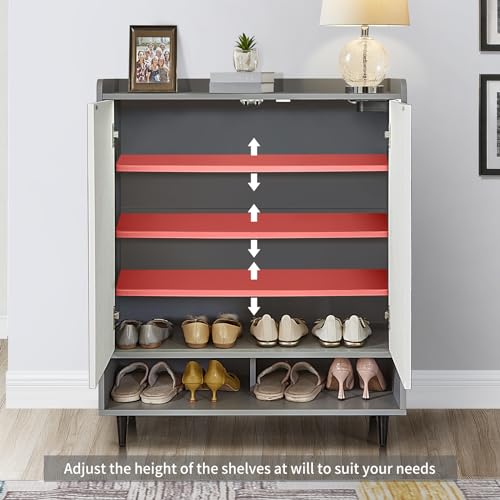 OLD CAPTAIN Shoe Storage Cabinet, 5-Tier Modern Entryway Organizer Cabinet with Door,Deodorisation and Automatic Lighting (White Rattan)