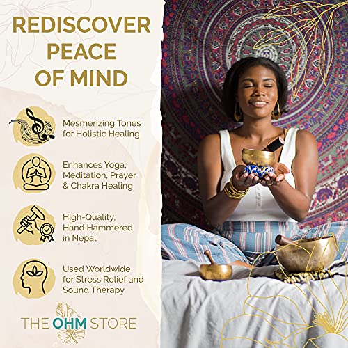 Tibetan Singing Bowl Set by Ohm Store — Meditation Sound Bowl Handcrafted in Nepal for Yoga, Chakra Healing, Mindfulness, and Stress Relief