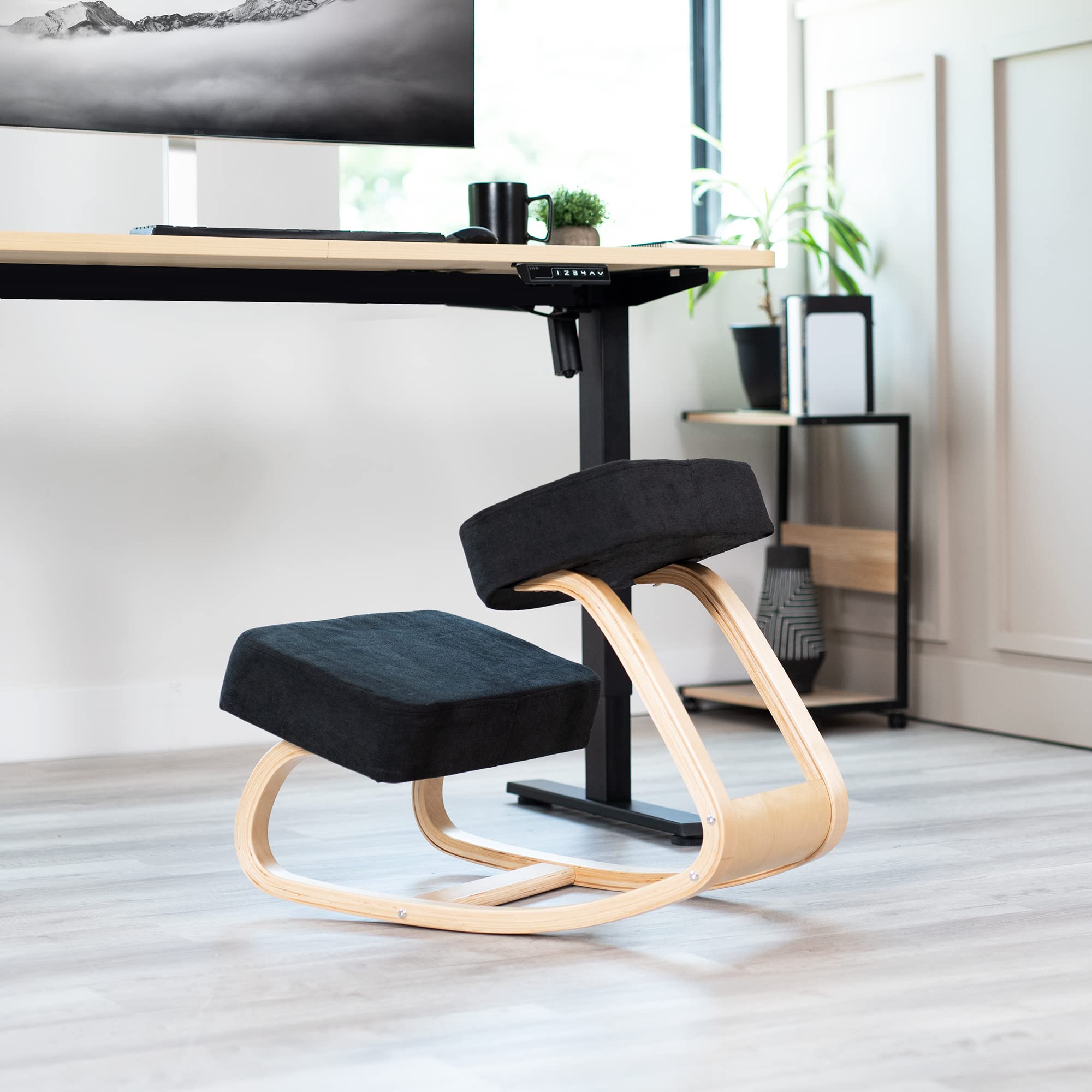 VIVO Wooden Rocking Kneeling Chair, Ergonomic Rocker Stool for Home and Office, Angled Posture Seat, Light Wood Frame & Black Cushions, CHAIR-K04R