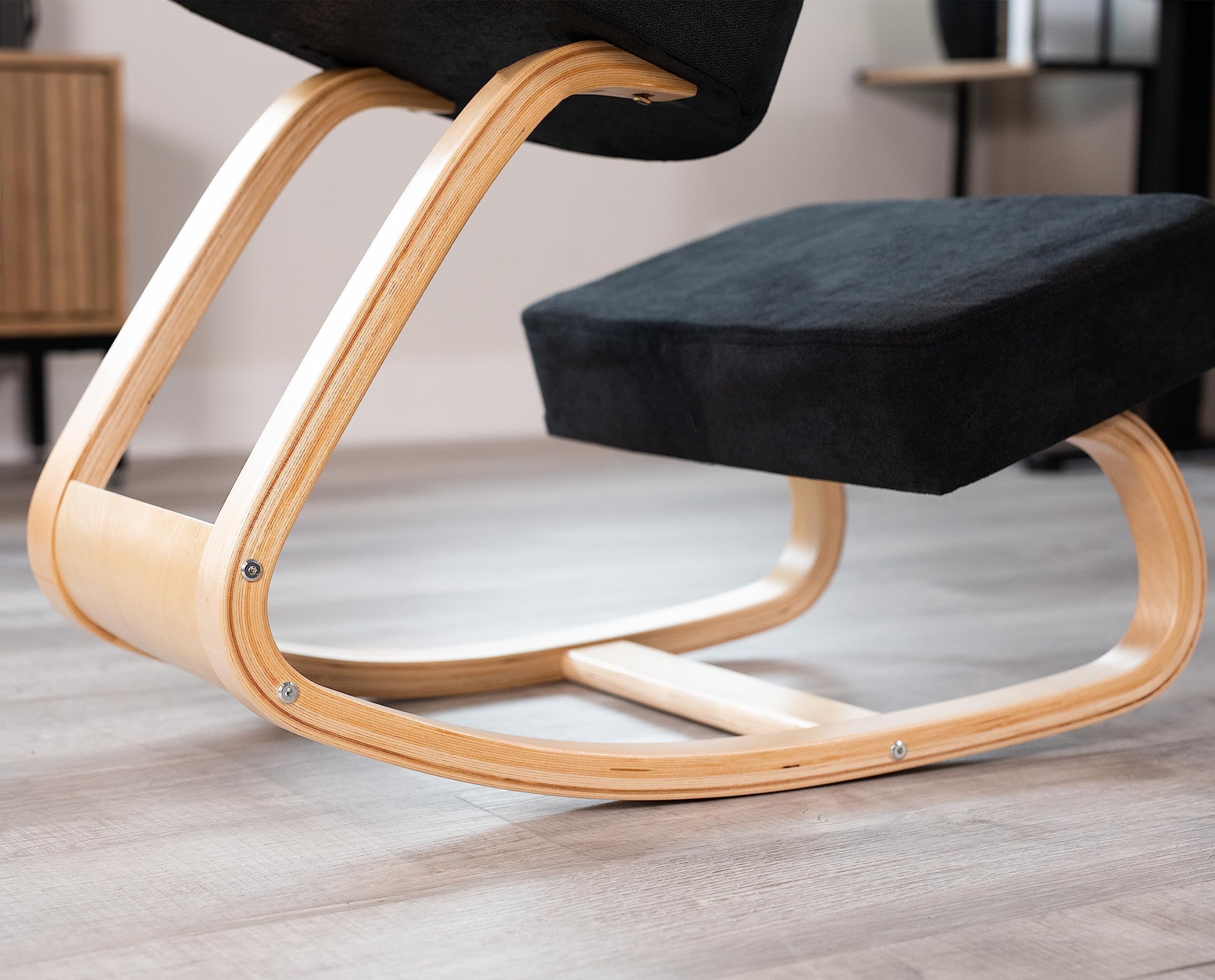 VIVO Wooden Rocking Kneeling Chair, Ergonomic Rocker Stool for Home and Office, Angled Posture Seat, Light Wood Frame & Black Cushions, CHAIR-K04R