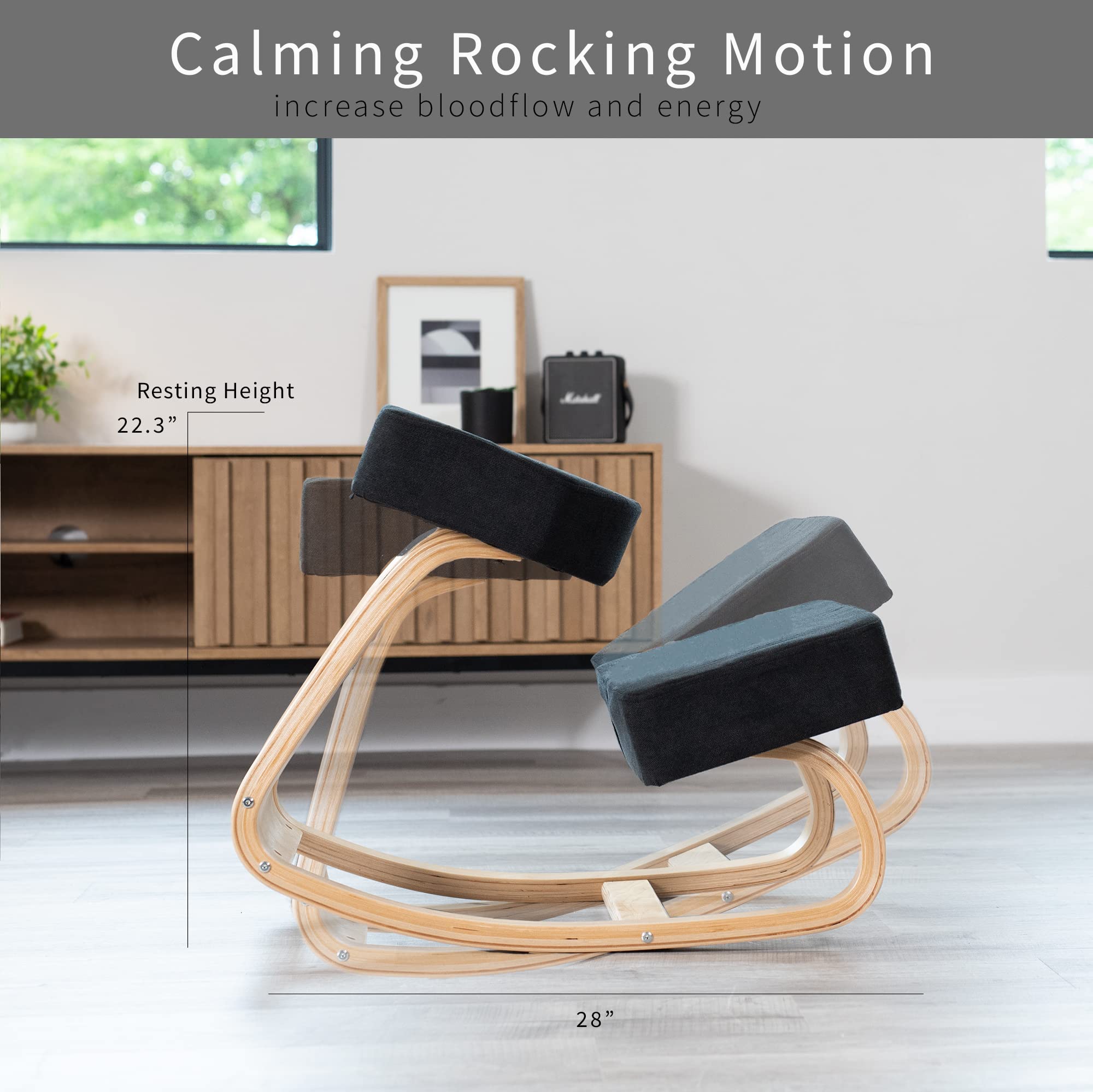 VIVO Wooden Rocking Kneeling Chair, Ergonomic Rocker Stool for Home and Office, Angled Posture Seat, Light Wood Frame & Black Cushions, CHAIR-K04R