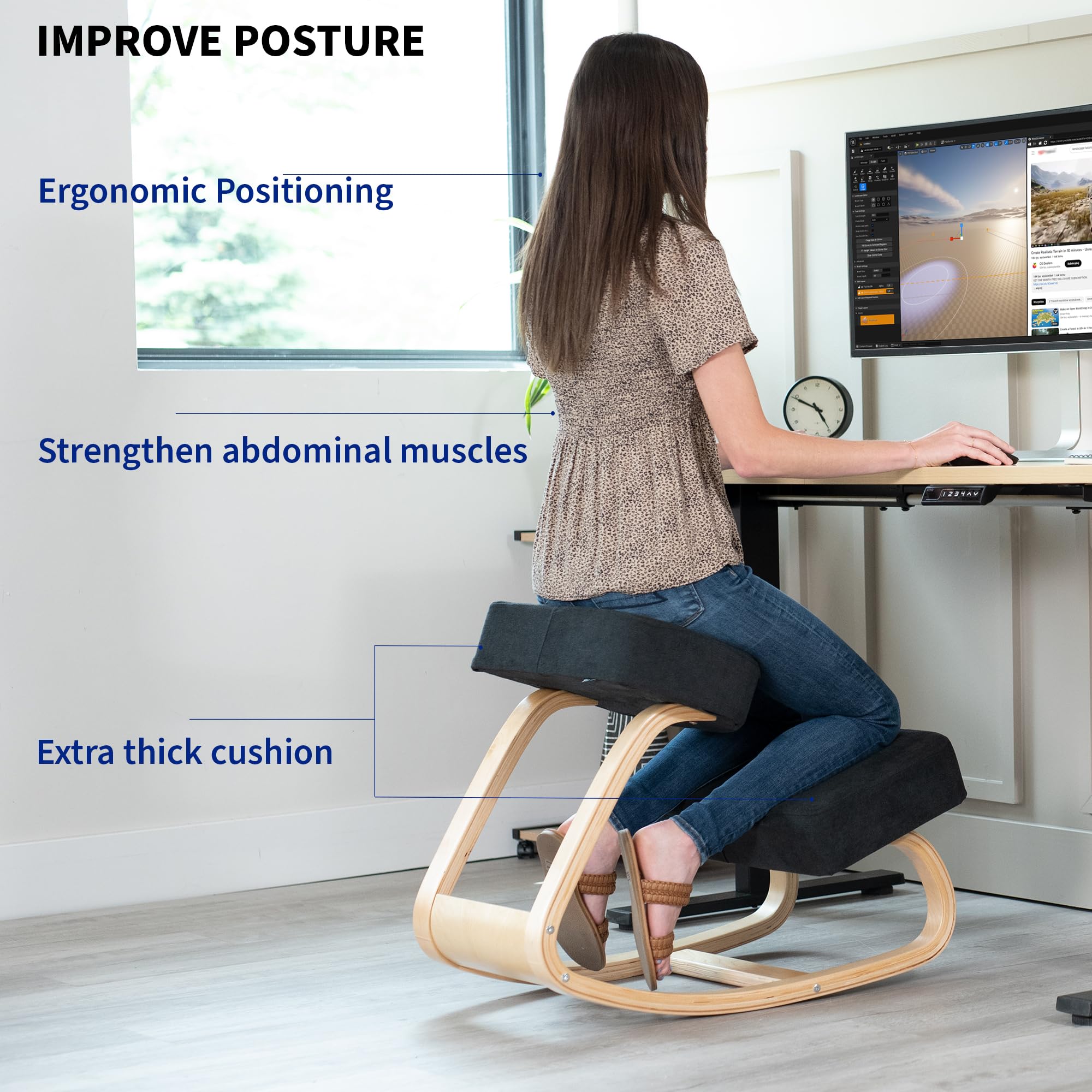 VIVO Wooden Rocking Kneeling Chair, Ergonomic Rocker Stool for Home and Office, Angled Posture Seat, Light Wood Frame & Black Cushions, CHAIR-K04R