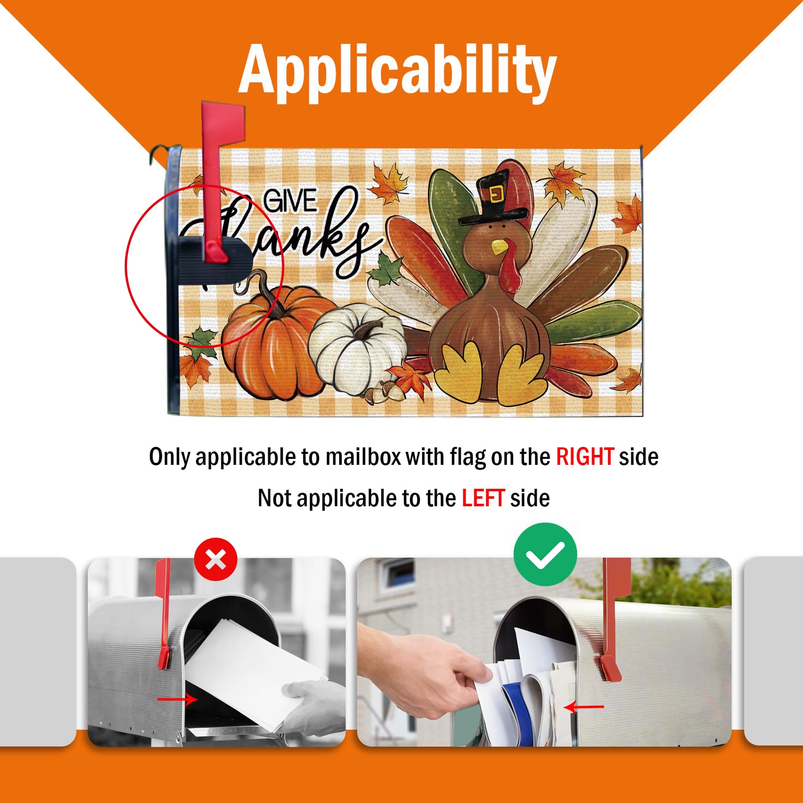 FBCOO Thanksgiving Turkey Mailbox Cover Magnetic Standard Size 20.5" x 18", Give Thanks Pumpkin Fall Decorative Post Letter Box Decor, Autumn Check Farmhouse Garden Yard Outdoor Decoration