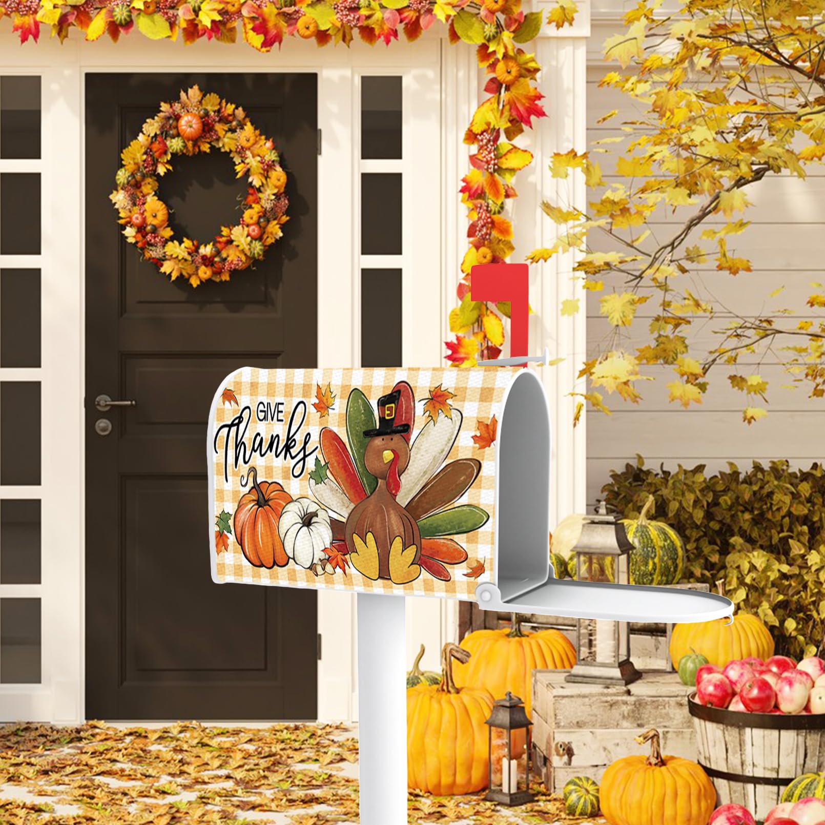 FBCOO Thanksgiving Turkey Mailbox Cover Magnetic Standard Size 20.5" x 18", Give Thanks Pumpkin Fall Decorative Post Letter Box Decor, Autumn Check Farmhouse Garden Yard Outdoor Decoration