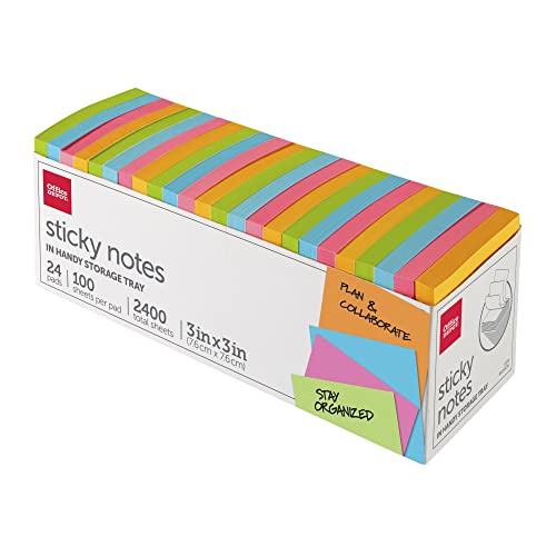 Office DepotĀ® Brand Sticky Notes, With Storage Tray, 3" x 3", Assorted Vivid Colors, 100 Sheets Per Pad, Pack Of 24 Pads