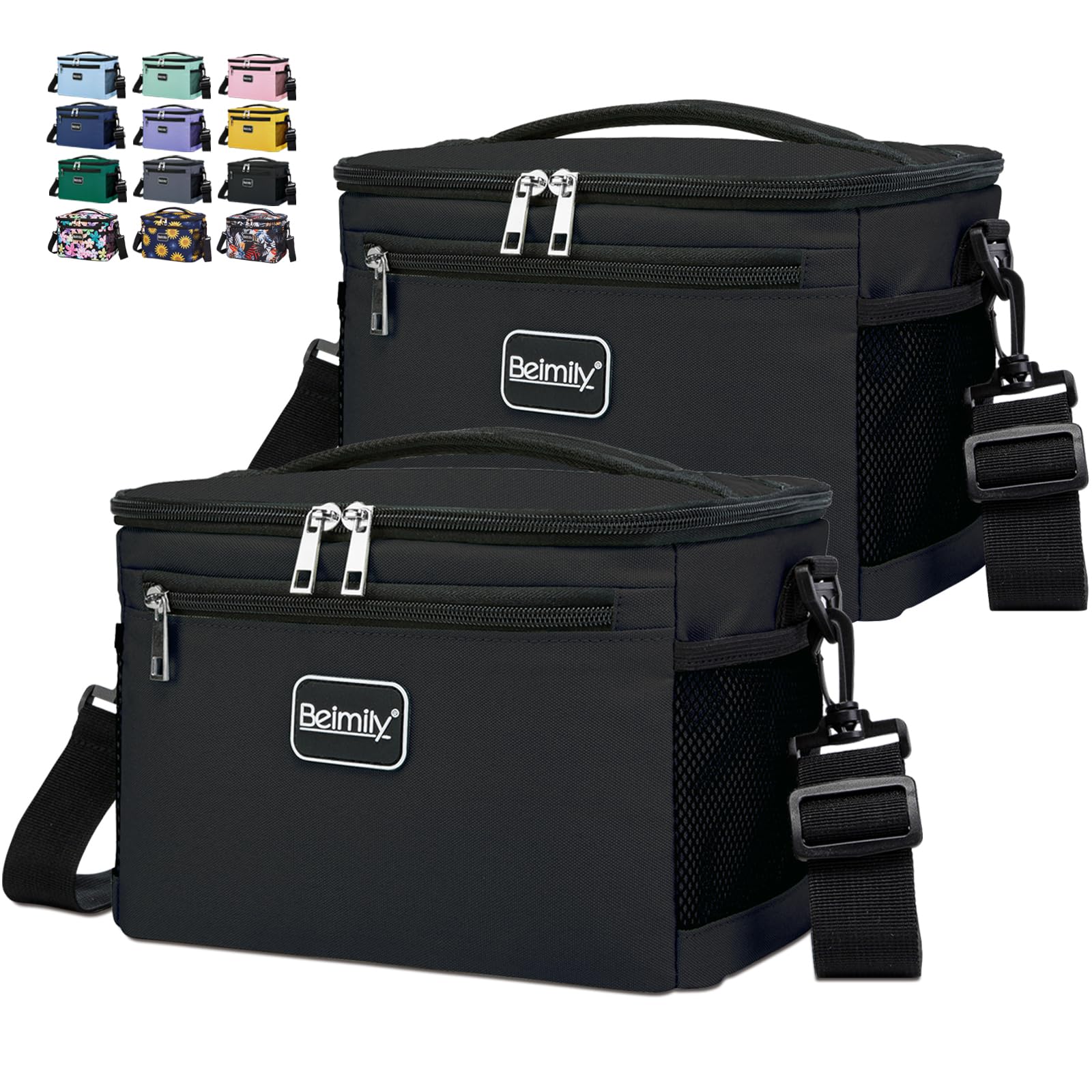 BEIMILY 2 Pack Insulated Lunch Bag Lunch Box for Women Men Insulated Cooler Lunchbox,Small Soft Sided Cooler Hand bags,lunch box for work with Adjustable Shoulder Strap (black+black),2305AC