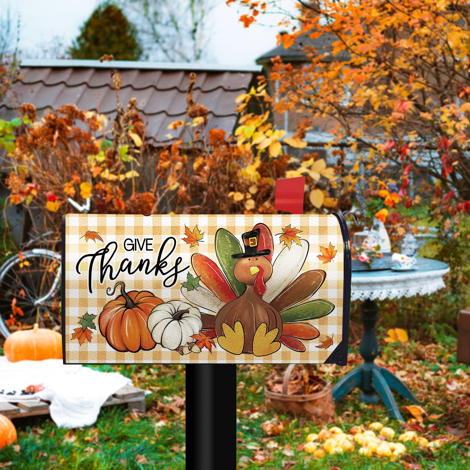 FBCOO Thanksgiving Turkey Mailbox Cover Magnetic Standard Size 20.5" x 18", Give Thanks Pumpkin Fall Decorative Post Letter Box Decor, Autumn Check Farmhouse Garden Yard Outdoor Decoration