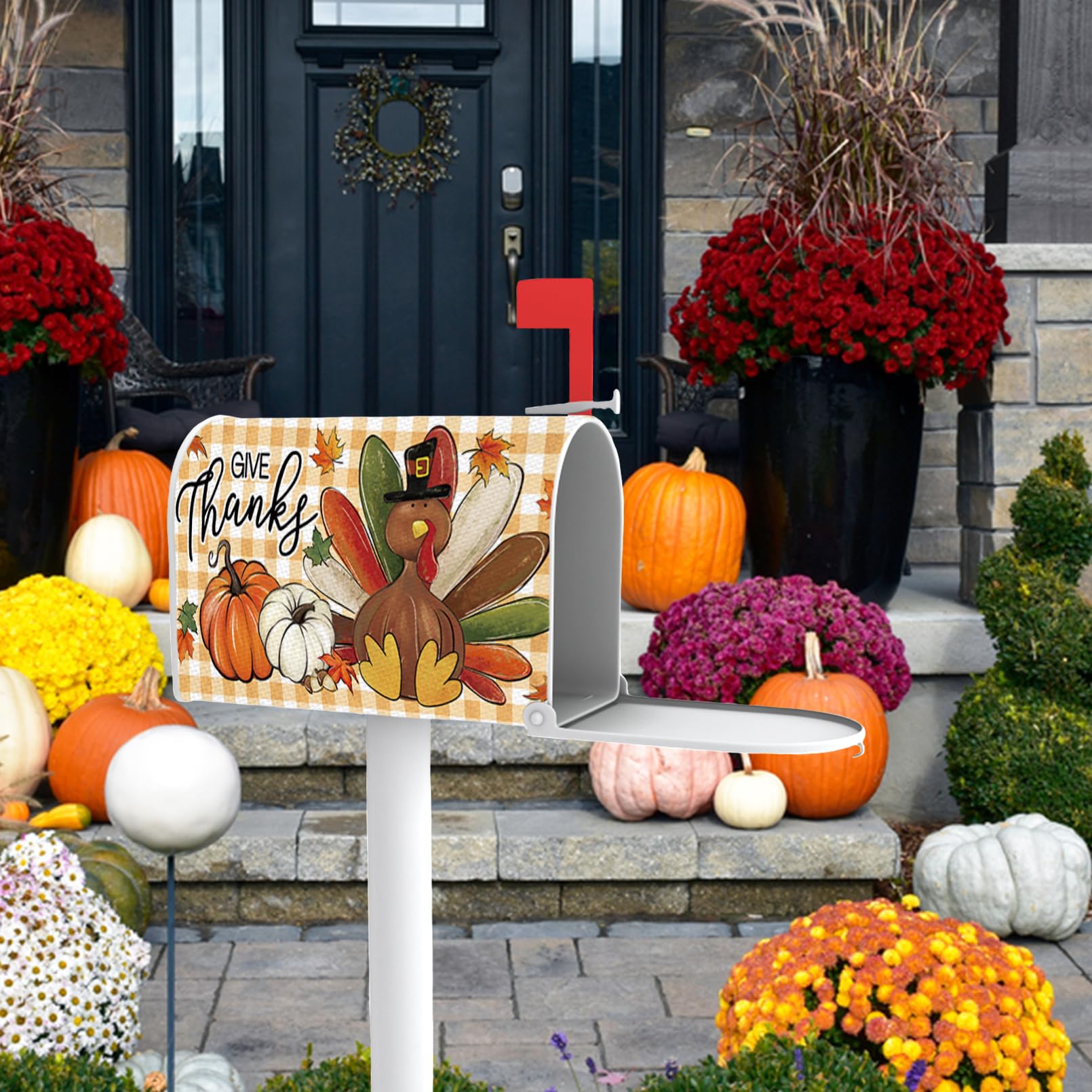 FBCOO Thanksgiving Turkey Mailbox Cover Magnetic Standard Size 20.5" x 18", Give Thanks Pumpkin Fall Decorative Post Letter Box Decor, Autumn Check Farmhouse Garden Yard Outdoor Decoration