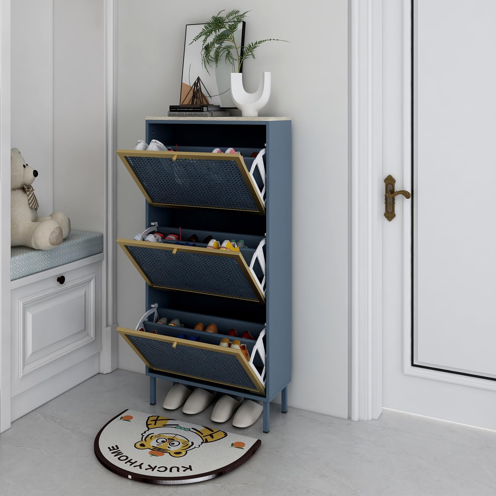 mixtavie Metal Rattan Shoe Cabinet with 3 Flip Drawers, 3-Tier, Free Standing, Hidden Shoe Storage for Entryway and Living Room, Blue (Set of 1)