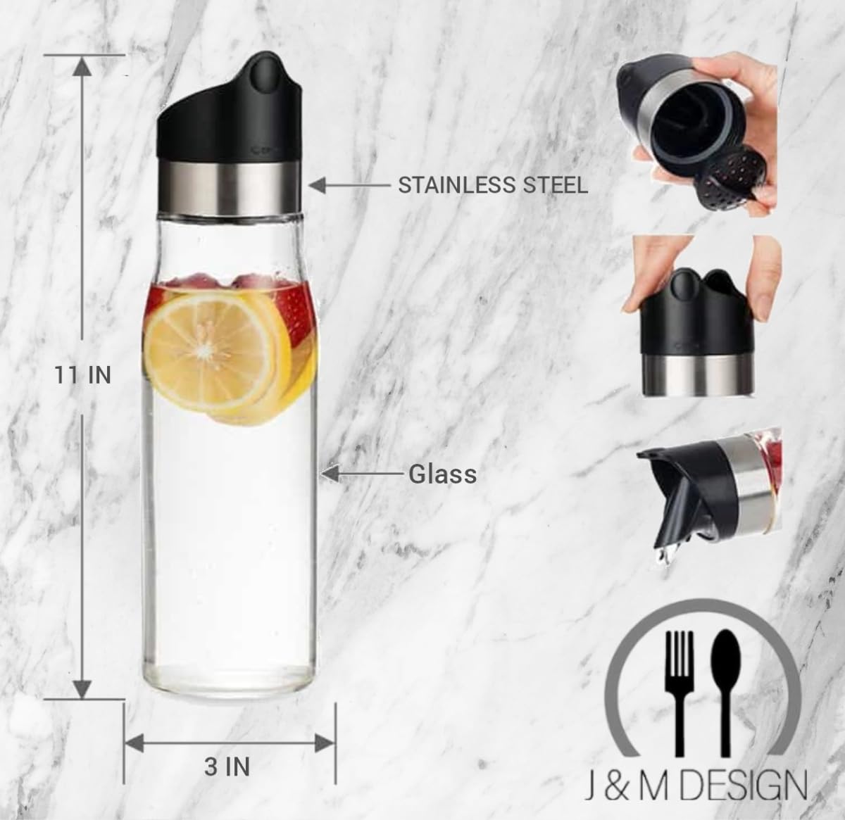 J&M DESIGN 28 OZ Glass Pitcher With Lid Water Carafe Easy Twist Stainless Steel & Plastic Lid Removeable Strainer For Juice Beverage drinks Iced Coffee Milk Container Bottle Jar Mimosa Bar Supplies