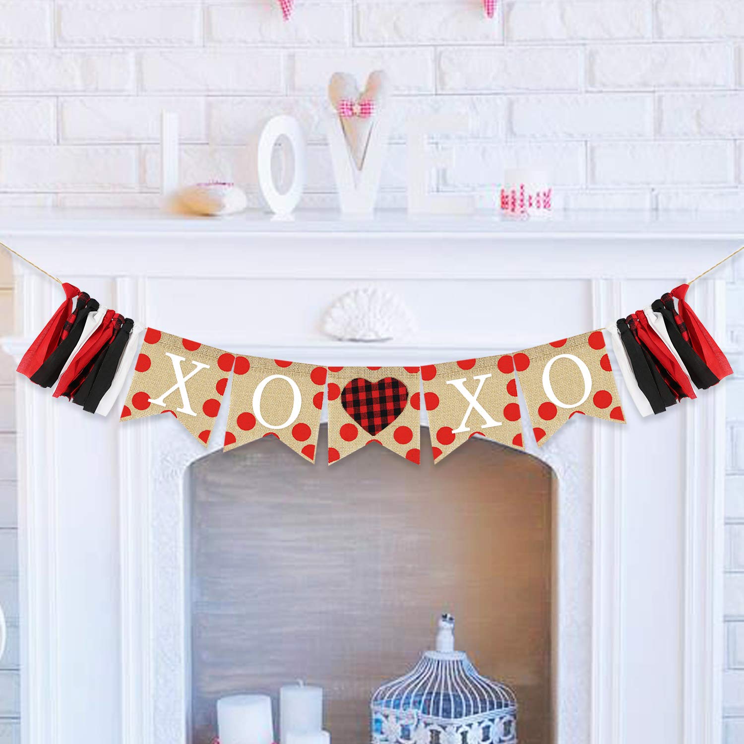 XOXO Burlap Banner - Valentine's Day Decorations - Valentines Burlap Banner for Mantel Fireplace- Black Red Plaid XOXO Banner- Valentines Decorations- Valentine's Day Home Indoor Outdoor Hanging Decor