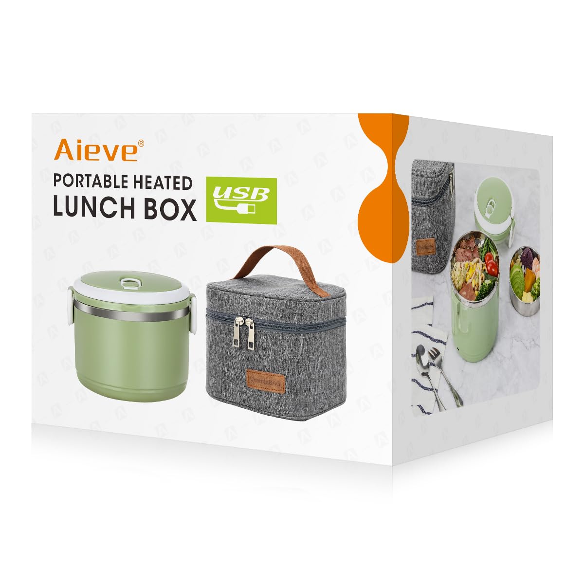 AIEVE Electric Lunch Box, USB Powered Portable Food Warmer for Car Truck with Bag Spoon and Fork, 12V/24V/110V, 35-Ounce