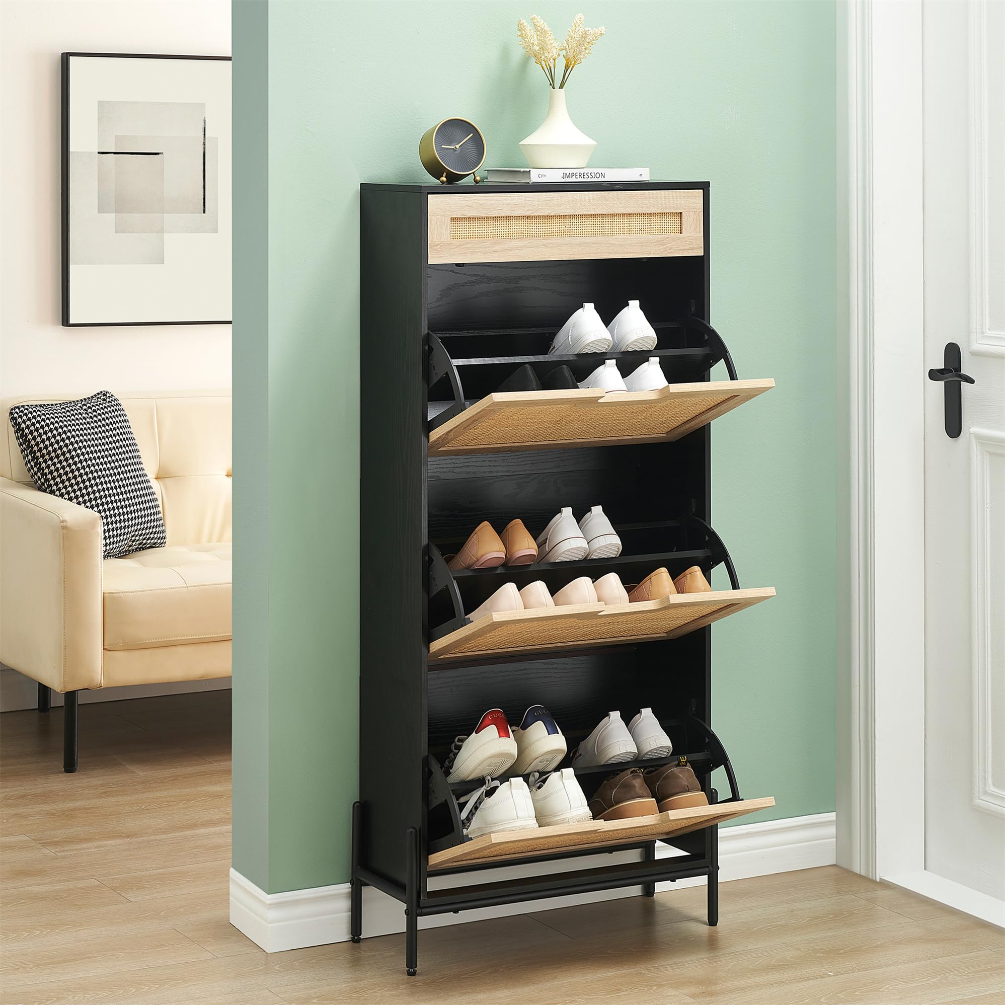 GAOMON Rattan Shoe Storage Cabinet with 3 Flip Door and 1 Drawer, Freestanding Shoe Organizer Rack for Entryway, Hidden Shoe Cabinet with 3-Tier Adjustable Shelves for Hallway Living Room (Black)