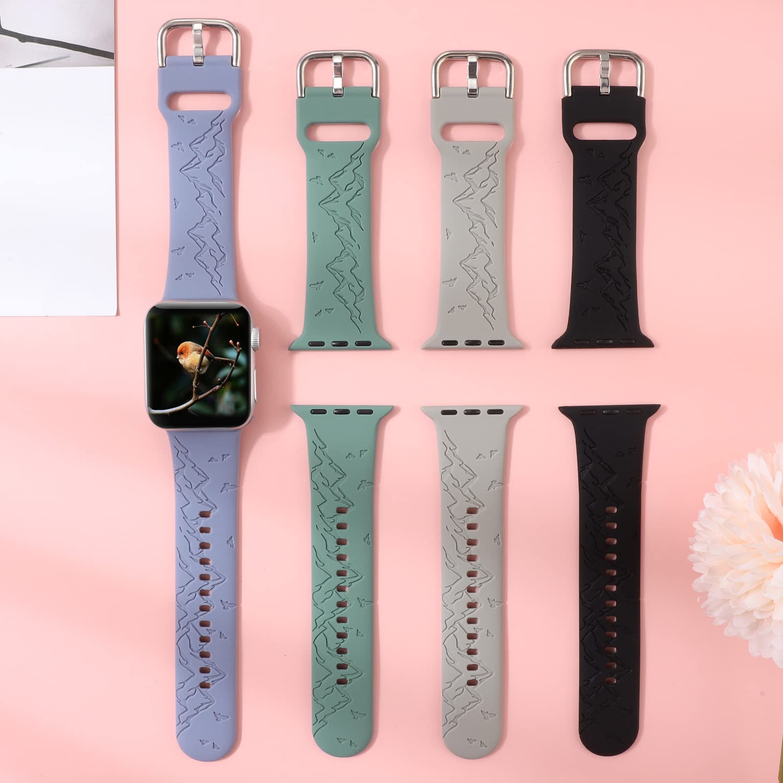 Mountain Range Engraved Silicone Band Compatible With Apple Watch 38mm 40mm 41mm for Women Men,Adventure Travel Gift Idea,Flying Bird Carved Soft Silicone Sport Wristband Replacement Strap with
