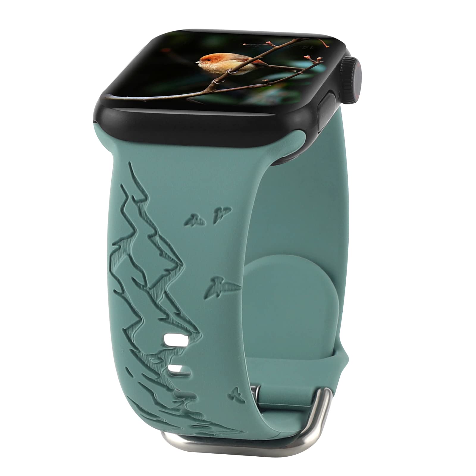 Mountain Range Engraved Silicone Band Compatible With Apple Watch 38mm 40mm 41mm for Women Men,Adventure Travel Gift Idea,Flying Bird Carved Soft Silicone Sport Wristband Replacement Strap with