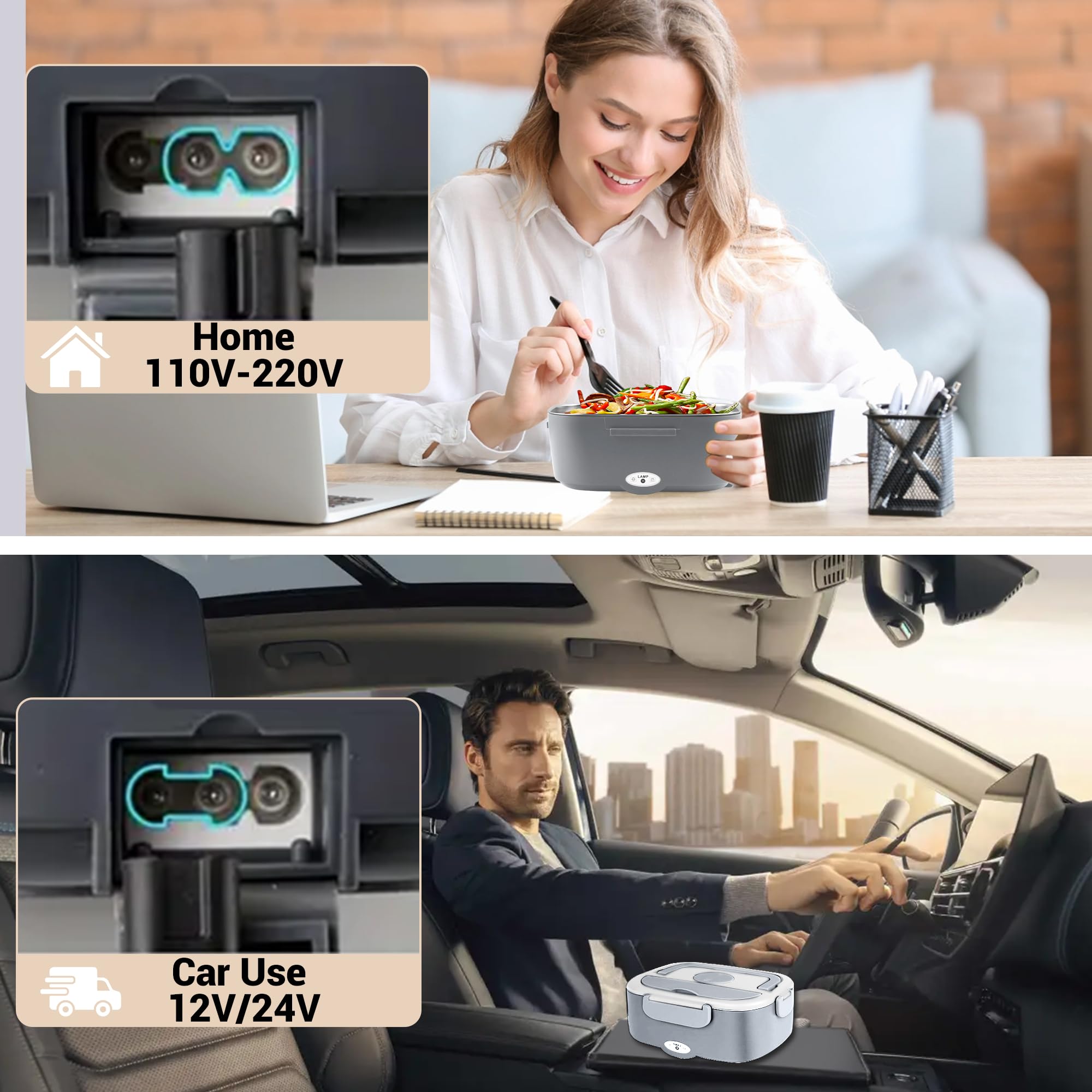 Tinaforld Electric Lunch Box with 1.5L Large Capacity Stainless Steel Removable Container for Adults,Heated Portable Food Warmer Lunch Box for Work,Leakproof Fast Heating(Grey)