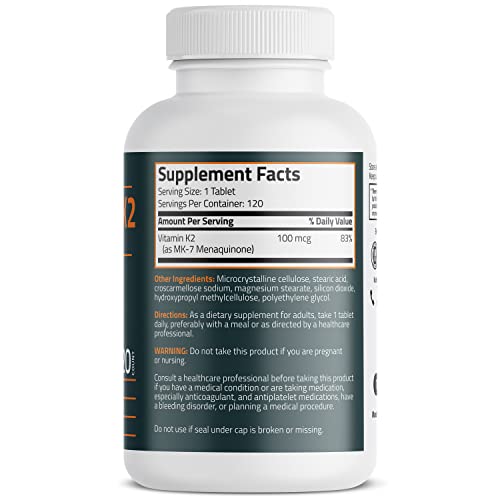 Bronson Vitamin K2 MK-7 100 MCG, K2 as MK7 Menaquinone, Bone Support 1 Year Supply, Non-GMO, 120 Tablets