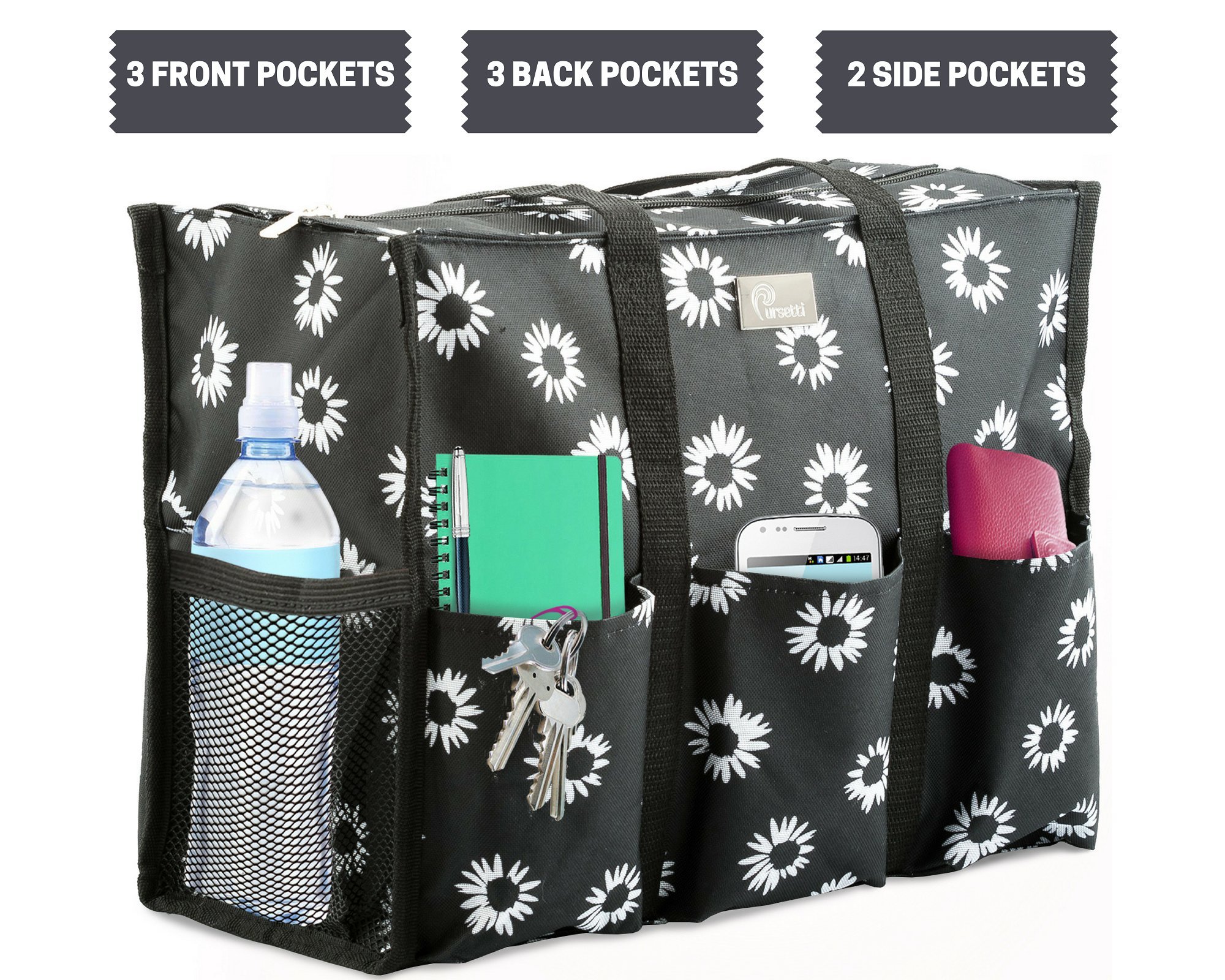 Pursetti Utility Tote (Medium, Black Daisy)