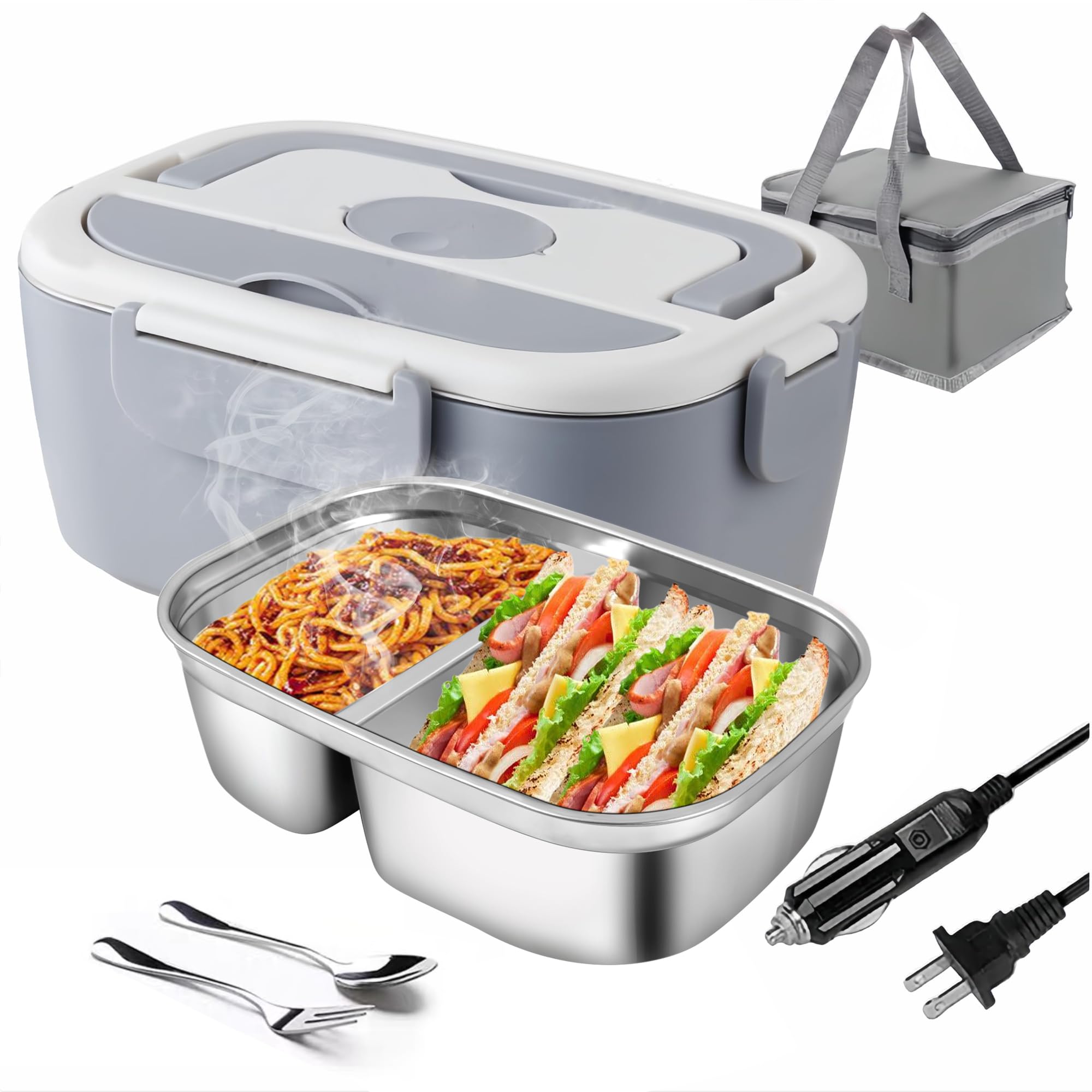 Tinaforld Electric Lunch Box with 1.5L Large Capacity Stainless Steel Removable Container for Adults,Heated Portable Food Warmer Lunch Box for Work,Leakproof Fast Heating(Grey)