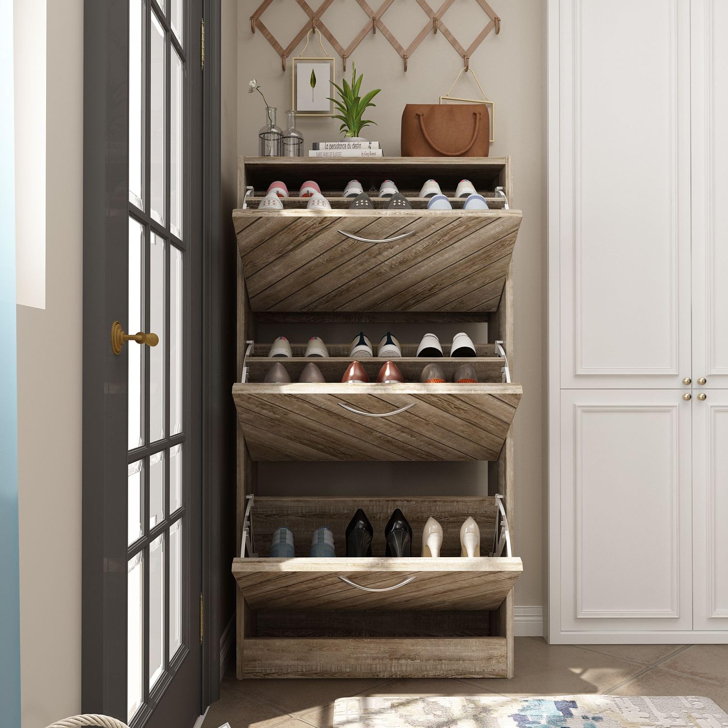 FAMAPY Modern Shoe Cabinet with 3 Flip Drawers, Freestanding Shoe Storage Cabinet, Slanted Design, Shoe Storage Organizer for Hallway Entryway Light Brown (22.4”W x 9.4”D x 42.3”H)