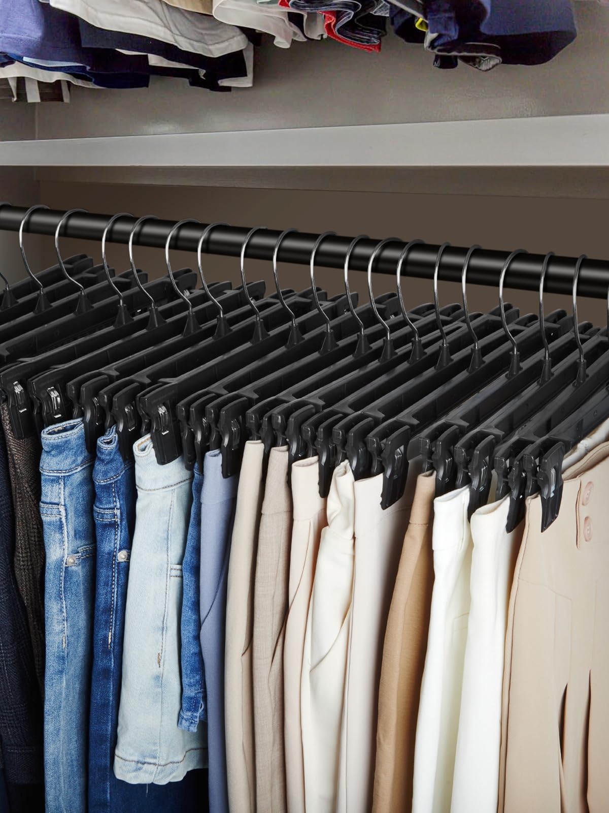 Titan Mall Pants Hangers 30 Pack 12inch Black Plastic Skirt Hanger with Non-Slip Big Clips and 360 Rotatable Hook, Durable and Sturdy Plastic Hanger, Elegant and Economical for Hanging Pants or Skirts