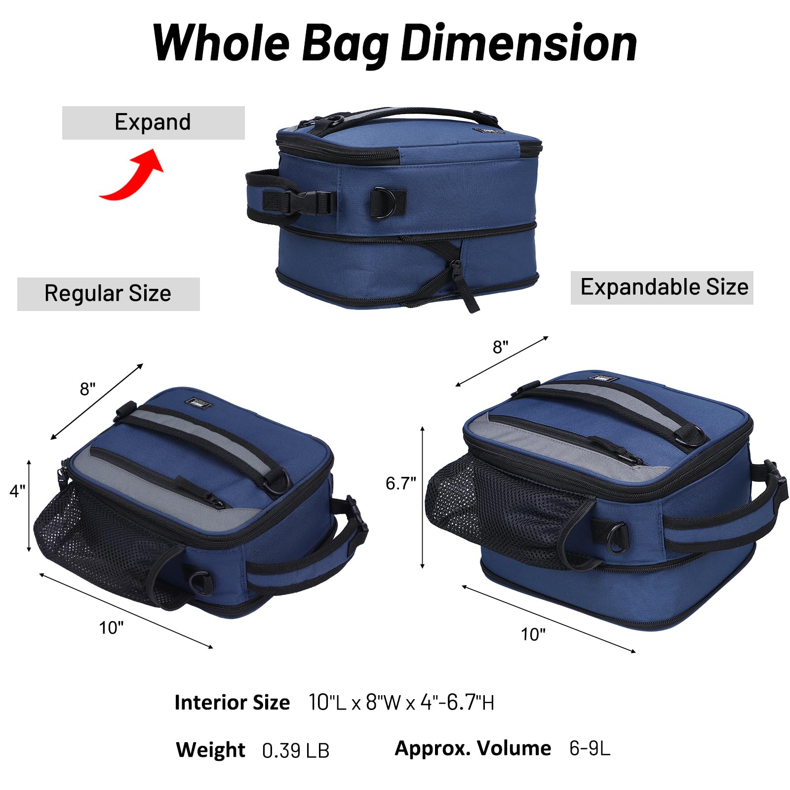 MIER Expandable Lunch Bag Insulated Lunch Box for Men to Work Travel Portable Lunchbox Bags with Shoulder Strap and Water Bottle Holder(Navy/Grey)