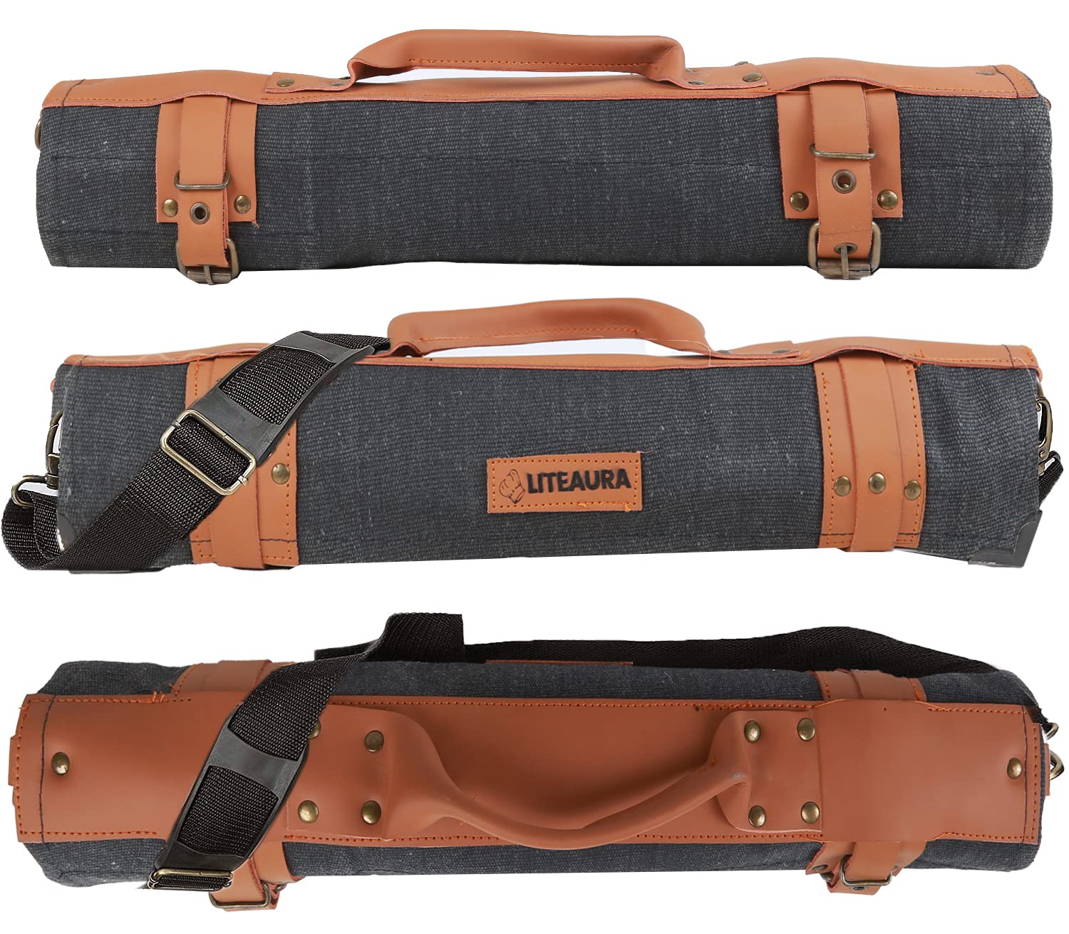 Chef knife roll bag large | stores 10 knives, 3 kitchen utensils Plus leather zipper pouch size open: 28" x 20" | waxed canvas knife carrier | easily carried shoulder strap professional chefs