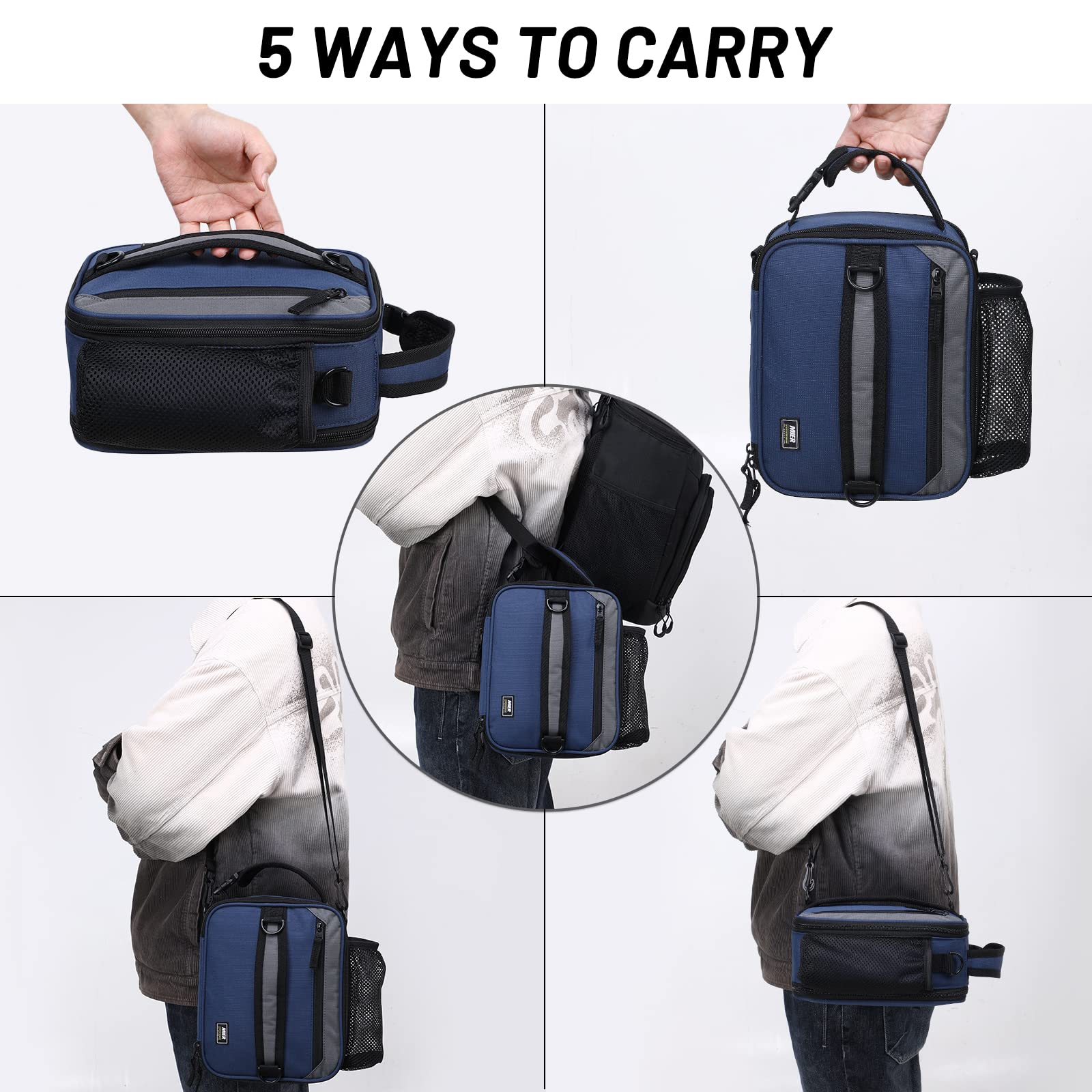 MIER Expandable Lunch Bag Insulated Lunch Box for Men to Work Travel Portable Lunchbox Bags with Shoulder Strap and Water Bottle Holder(Navy/Grey)