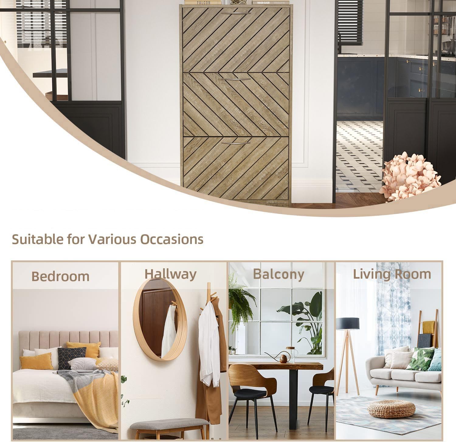 FAMAPY Modern Shoe Cabinet with 3 Flip Drawers, Freestanding Shoe Storage Cabinet, Slanted Design, Shoe Storage Organizer for Hallway Entryway Light Brown (22.4”W x 9.4”D x 42.3”H)