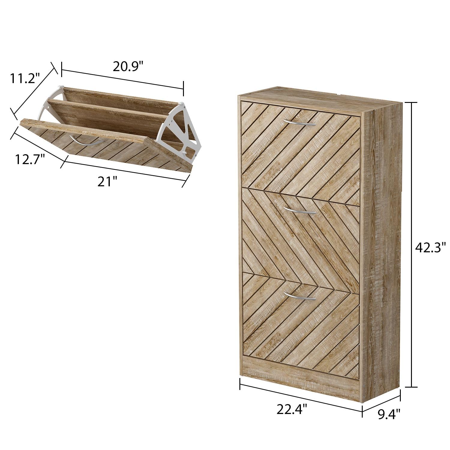 FAMAPY Modern Shoe Cabinet with 3 Flip Drawers, Freestanding Shoe Storage Cabinet, Slanted Design, Shoe Storage Organizer for Hallway Entryway Light Brown (22.4”W x 9.4”D x 42.3”H)